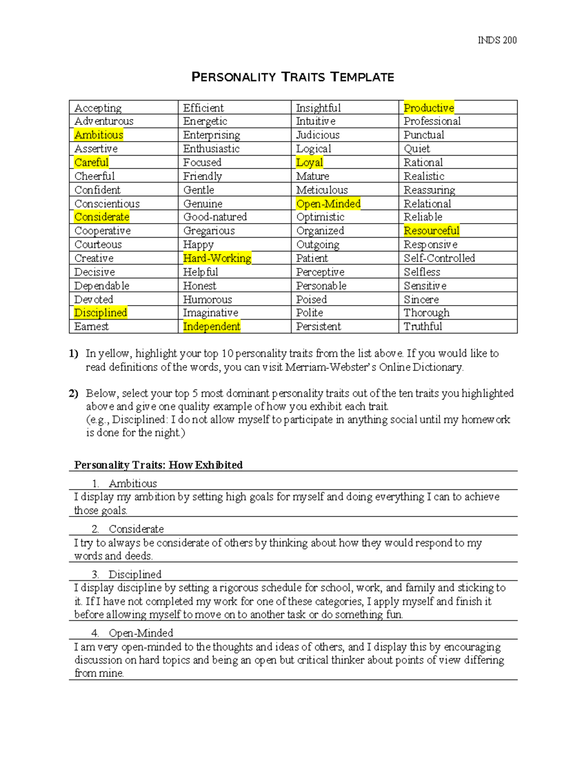 Personality Traits Final - INDS 200 PERSONALITY TRAITS TEMPLATE ...