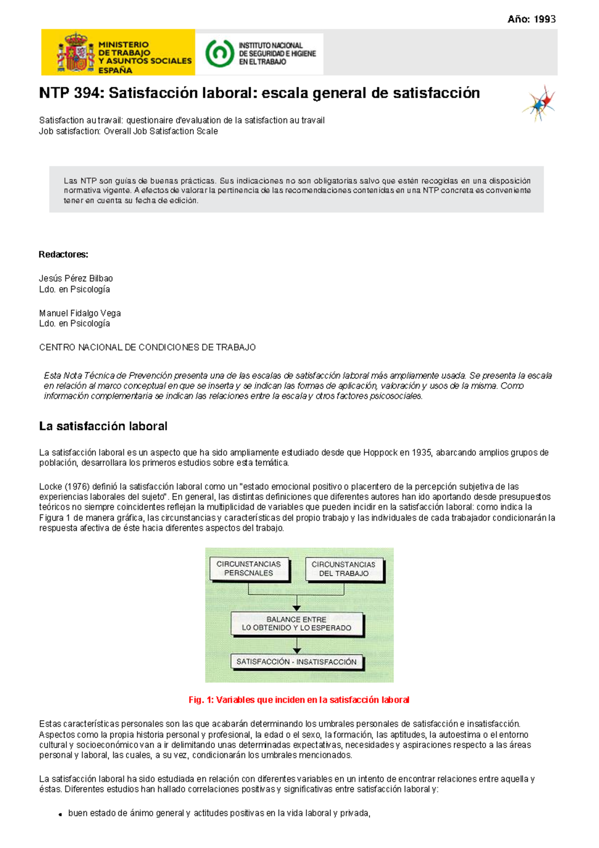 Satisfacción General DE WARR Y COOK - NTP 394: Satisfacción laboral ...