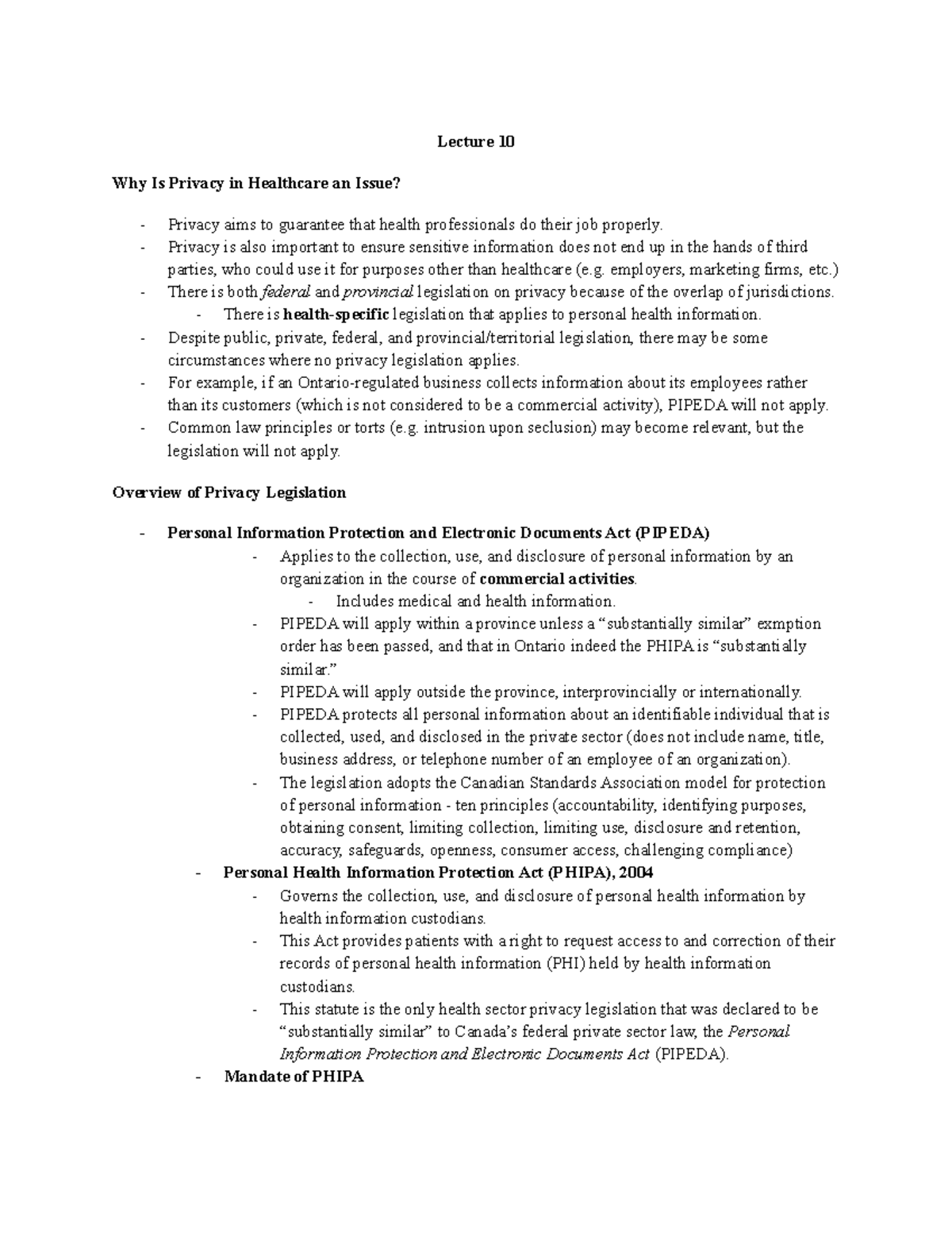CLAW 326 Lecture 10 - Lecture 10 Why Is Privacy in Healthcare an Issue? Privacy aims to ...