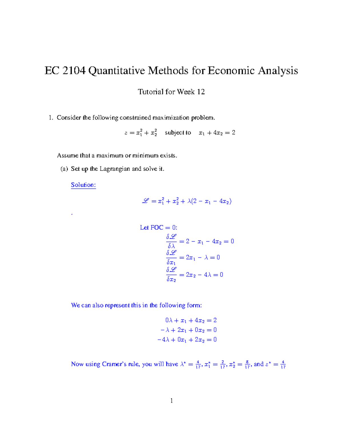 Week 12 Solutions - EC 2104 Quantitative Methods for Economic Analysis Tutorial for Week 12 ...