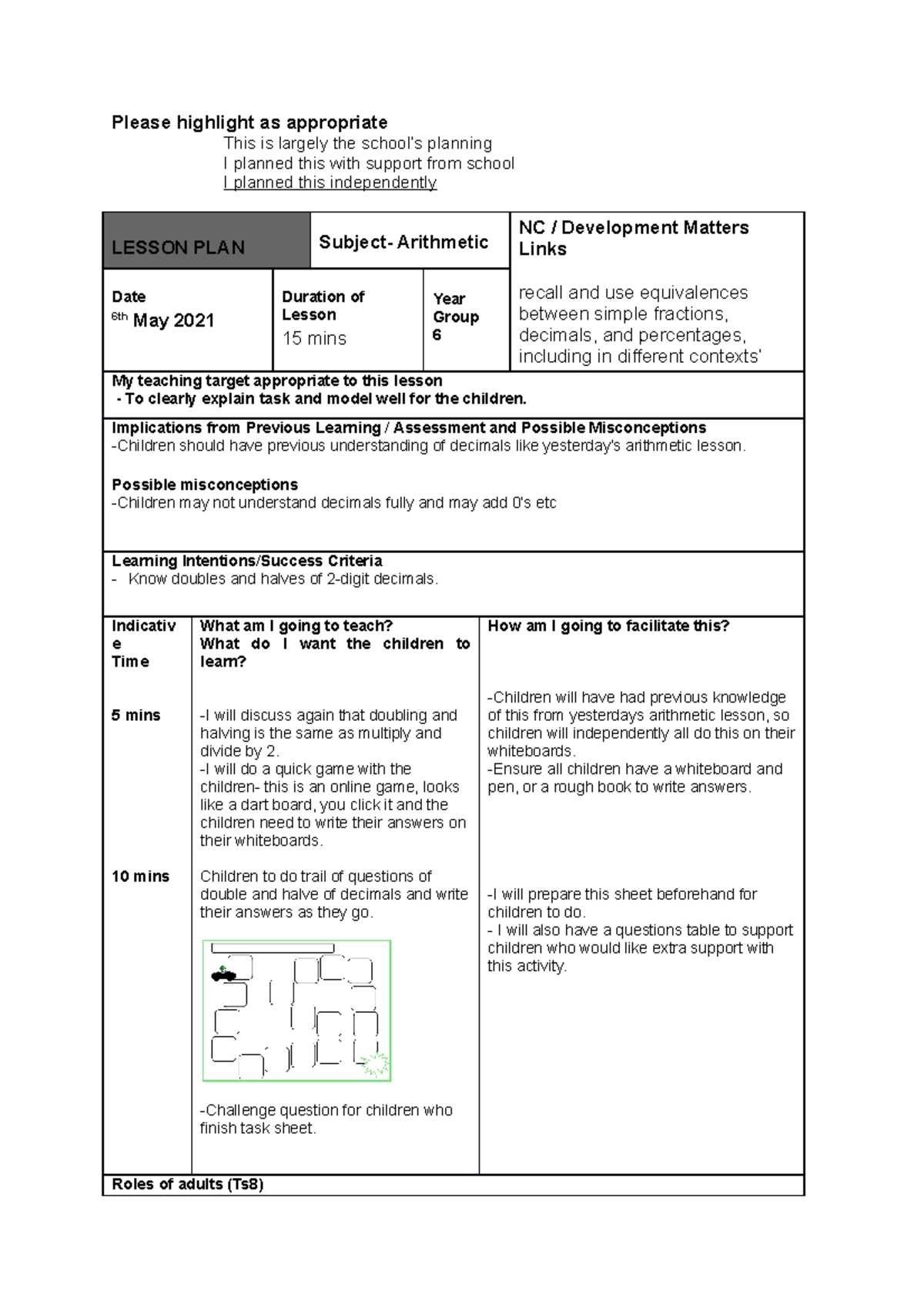 Lesson plan- Arithmetic Y6 - Please highlight as appropriate This is ...