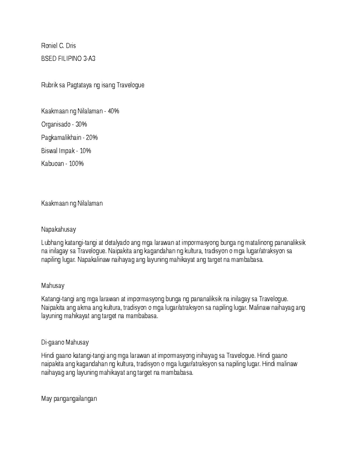 Criteria SA Pagbuo NG Travelogue - Roniel C. Dris BSED FILIPINO 3-A ...