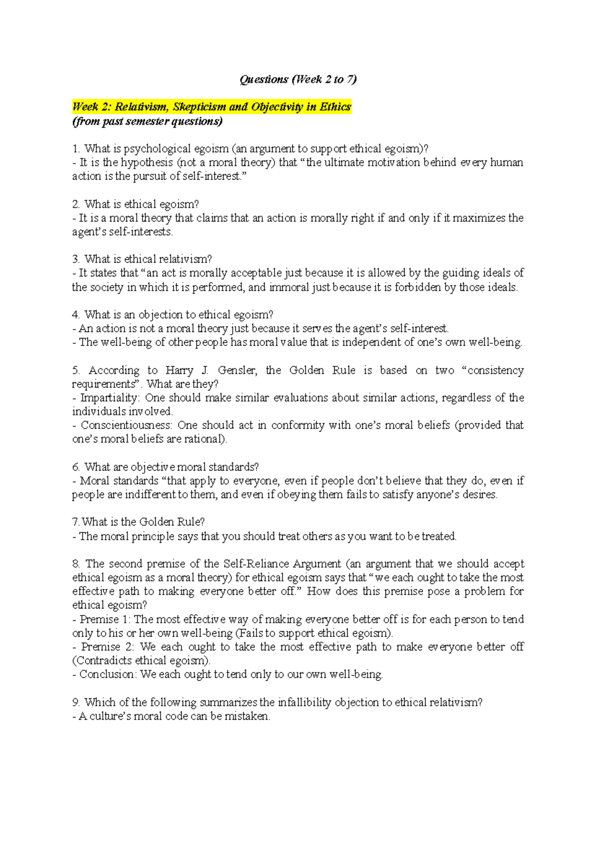 Ethics Quiz 1 Notes - Past Year MCQ - Questions (Week 2 to 7) Week 2 ...