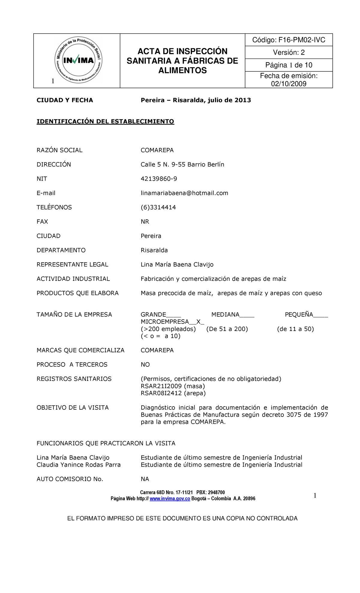 66407 B139 Anexo - 1 ACTA DE INSPECCIÓN SANITARIA A FÁBRICAS DE ...