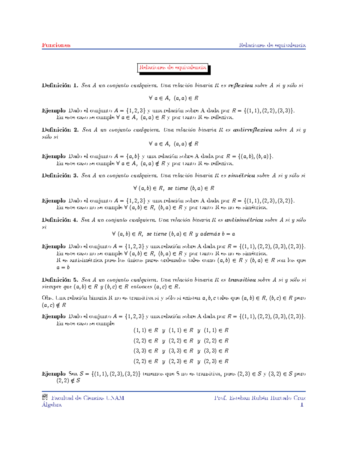 Relaciones de equivalencia - Relaciones de equivalencia De nición 1 ...