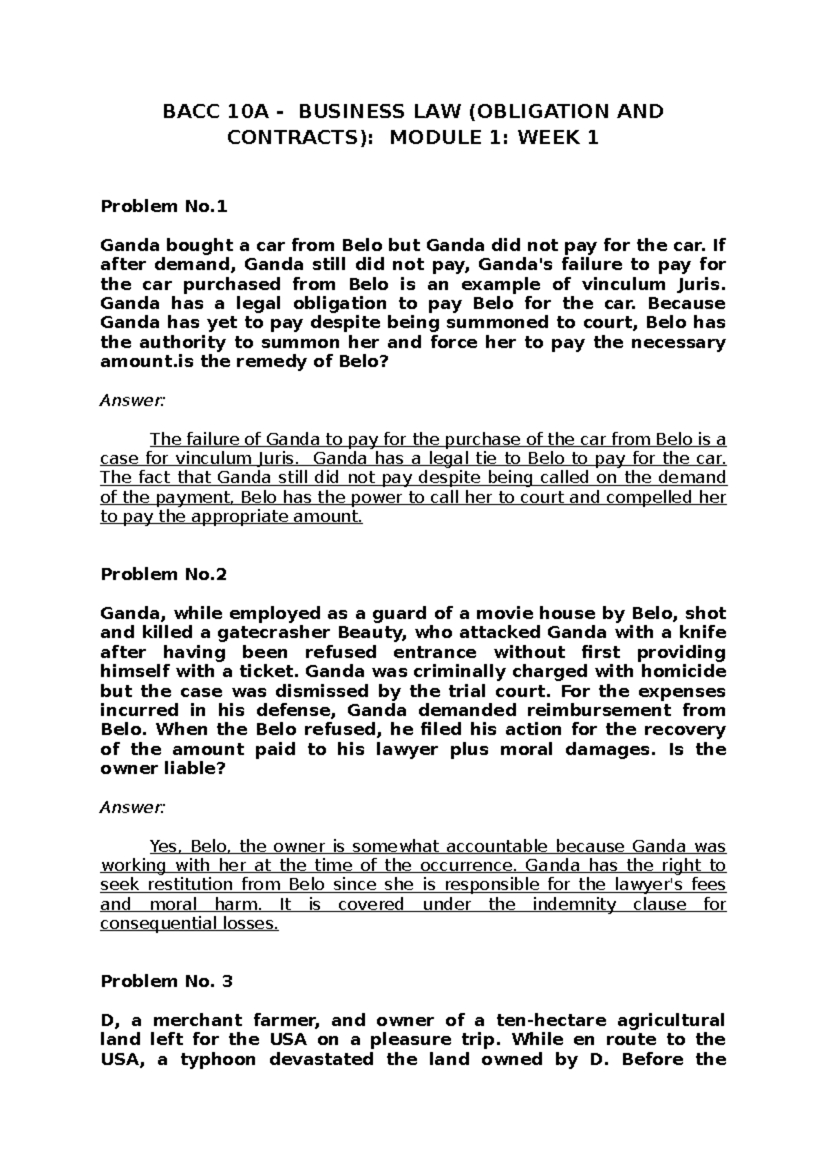 BACC 10A - Business LAW ( Obligation AND Contracts) - Module 1 - WEEK 1 ...