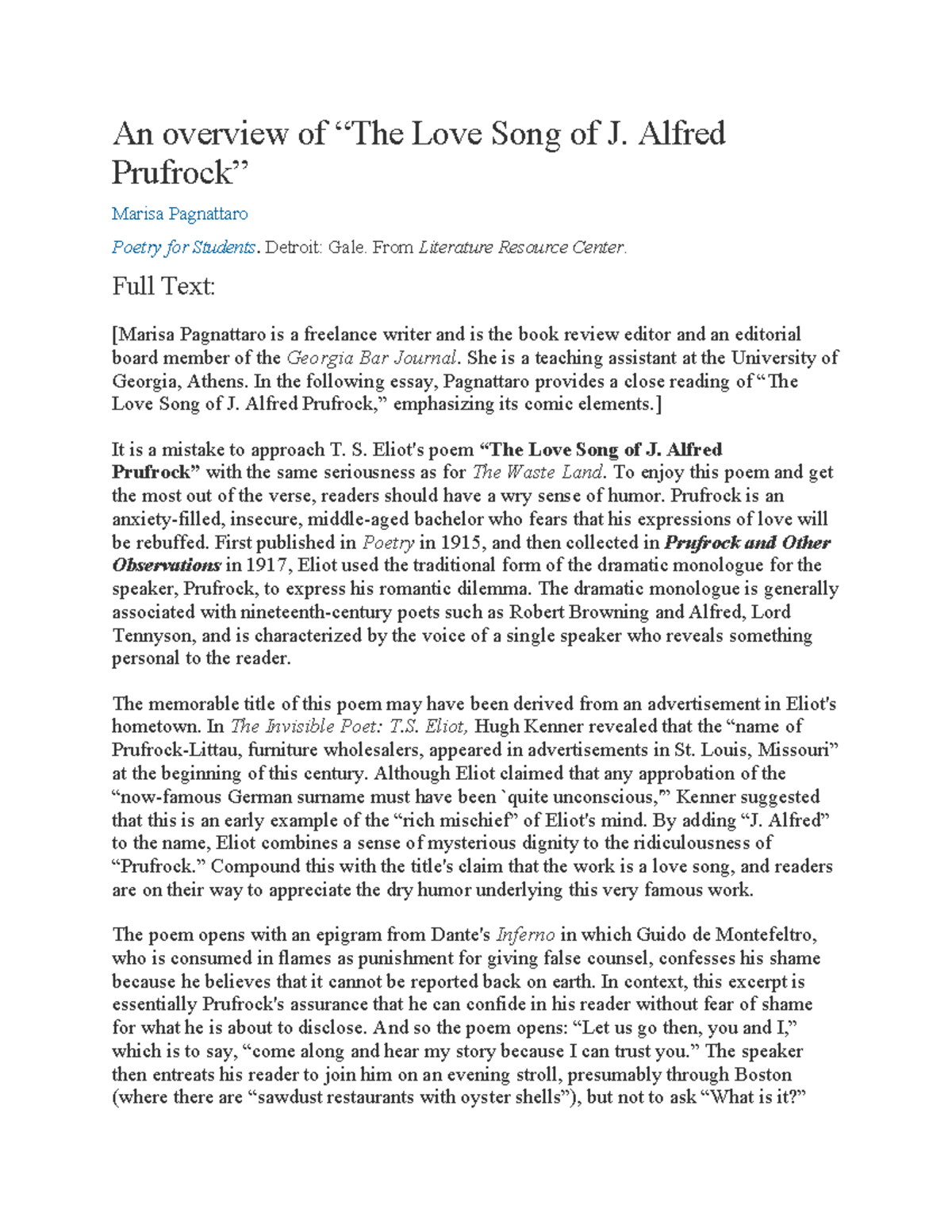 An overview of The Love Song of J. Alfred Prufrock-1 - An overview of ...