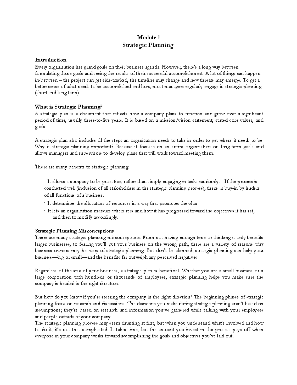 Strategic Planning - Module 1 Strategic Planning Introduction Every ...