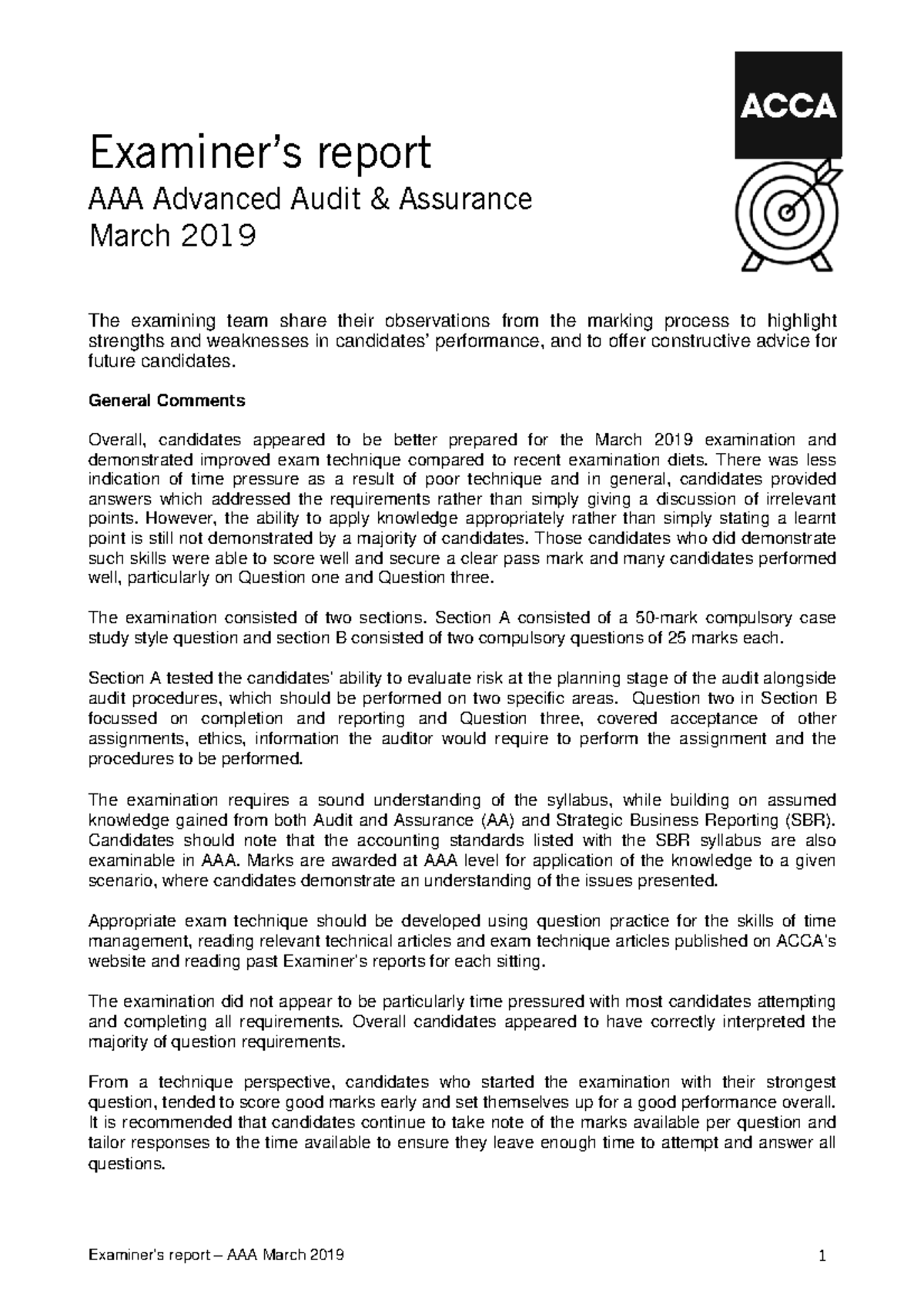 Aaa-examreport-m19 - dddddd - Examiner’s report AAA Advanced Audit ...