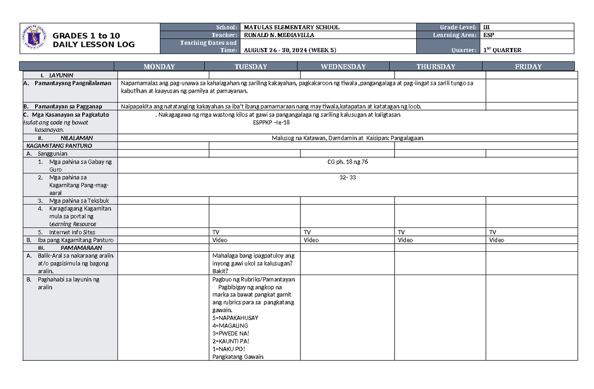 DLL ESP 3 Q1 W5 Grade 3 - GRADES 1 to 10 DAILY LESSON LOG School ...