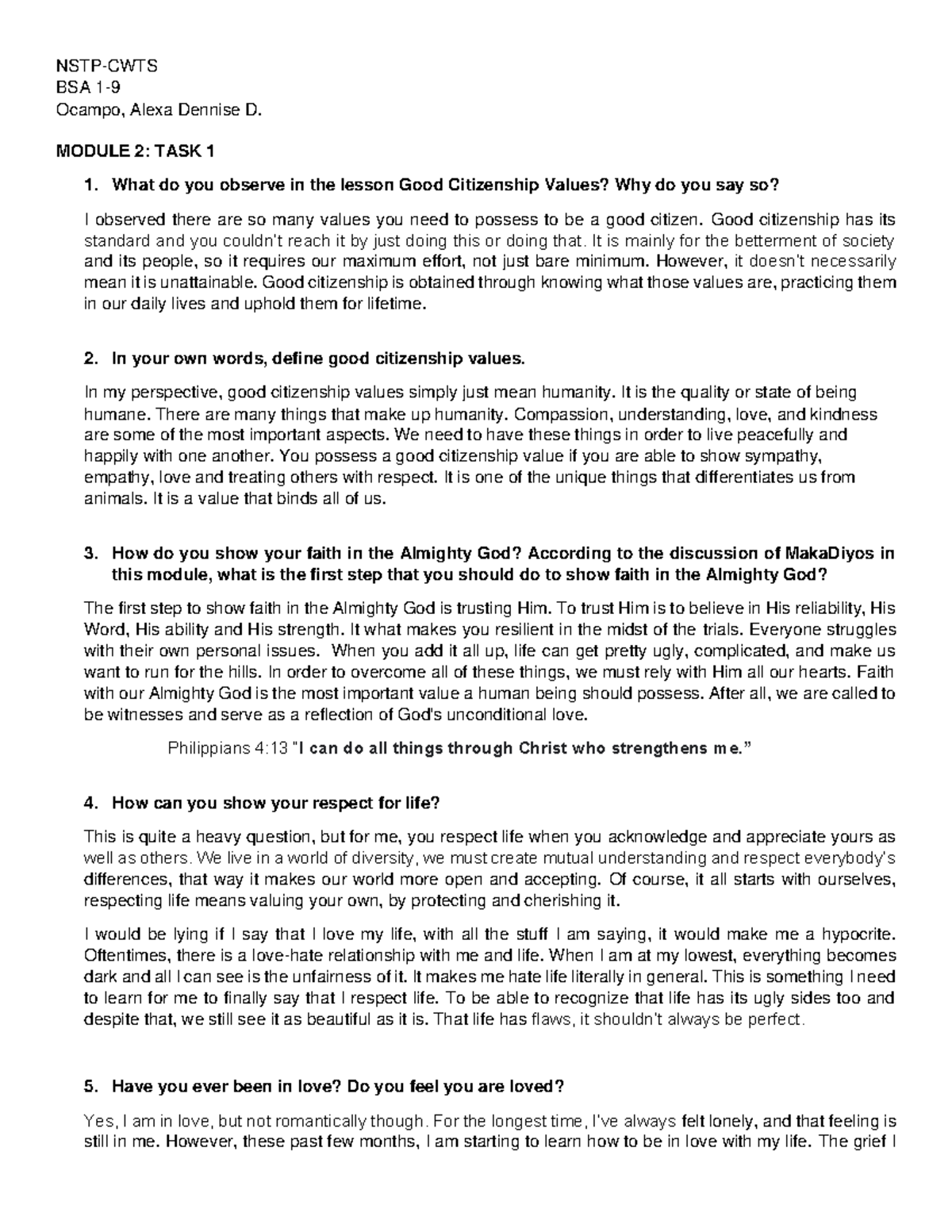 Module 2 CWTS - NSTP-CWTS BSA 1- Ocampo, Alexa Dennise D. MODULE 2 ...