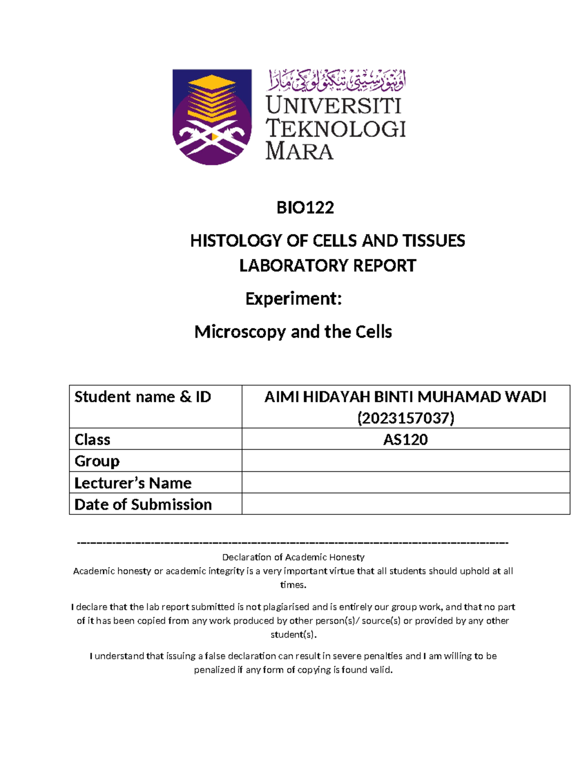 Bio experiment - BIO HISTOLOGY OF CELLS AND TISSUES LABORATORY REPORT ...