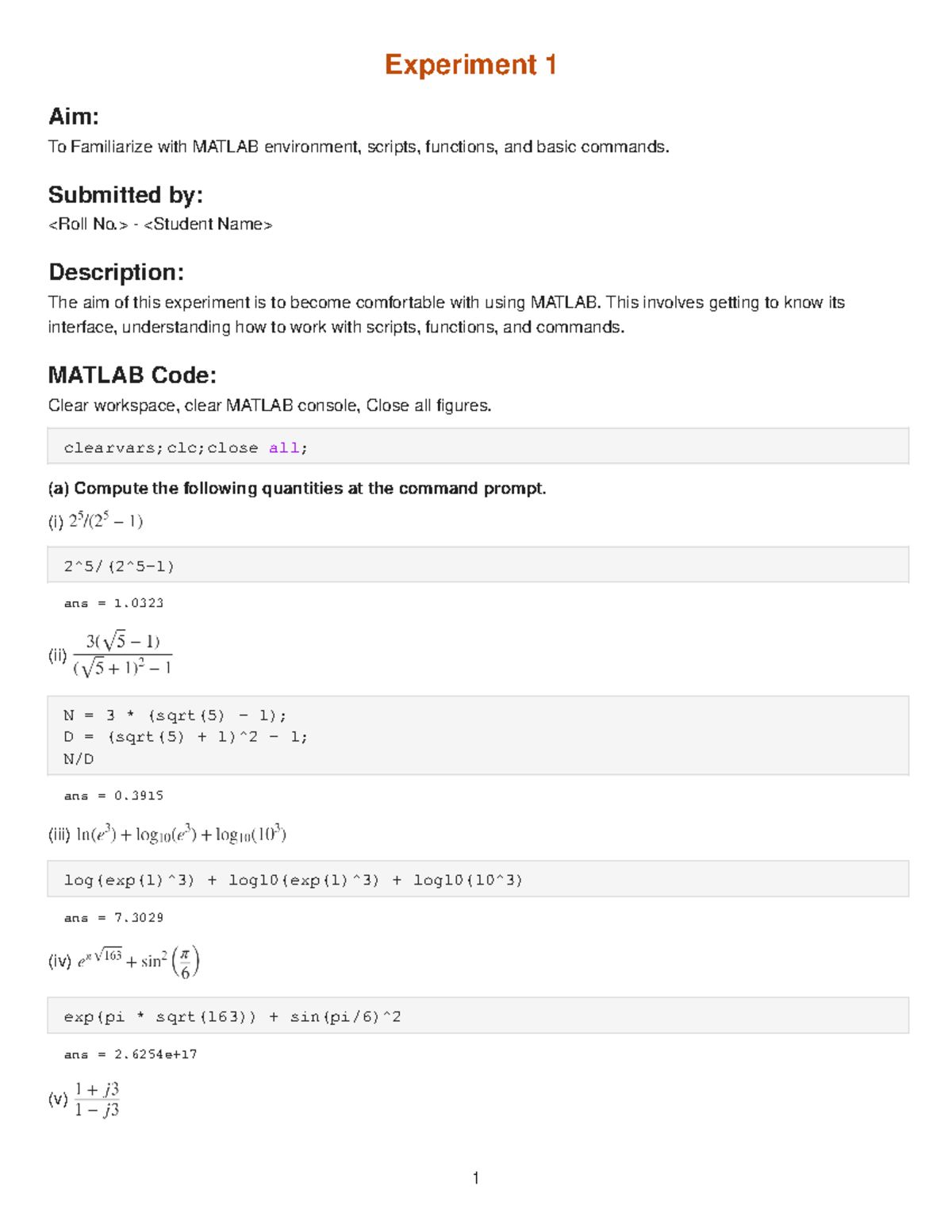 DSP Exp1 - aefgsegddxb - Experiment 1 Aim: To Familiarize with MATLAB environment, scripts ...
