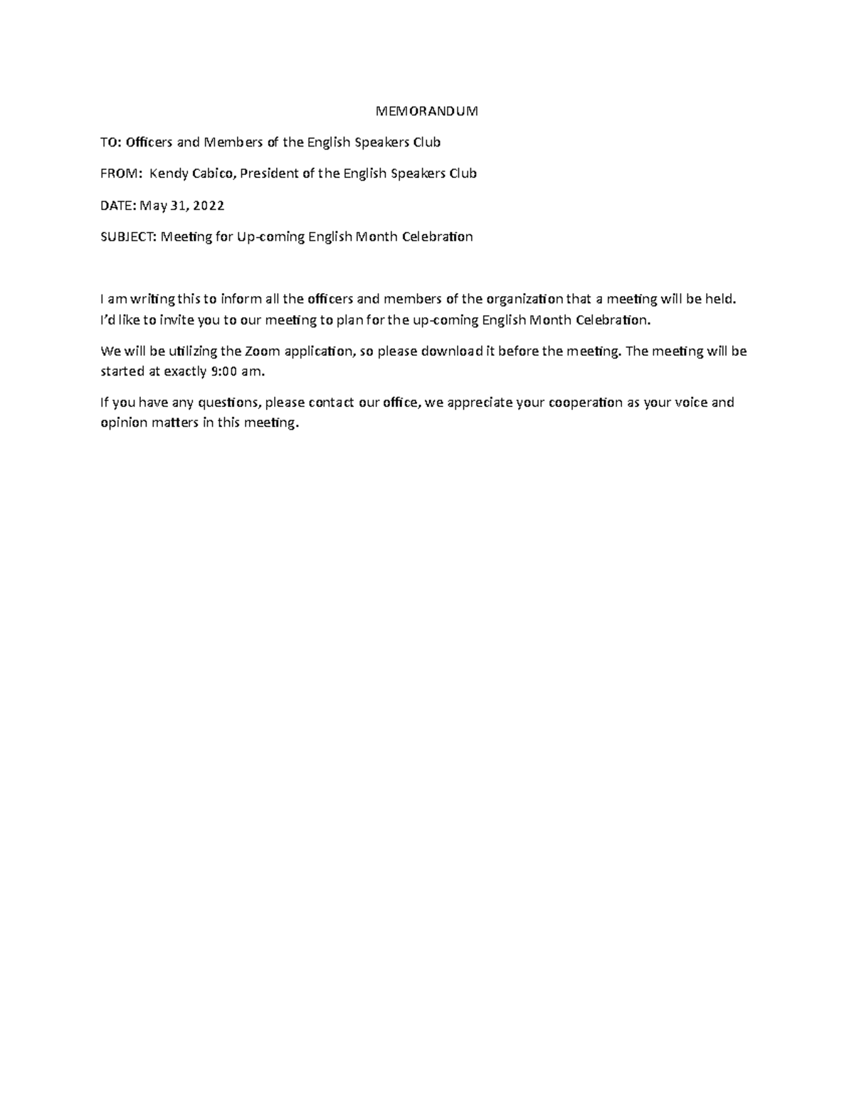 Memorandum - MEMORANDUM TO: Officers and Members of the English ...