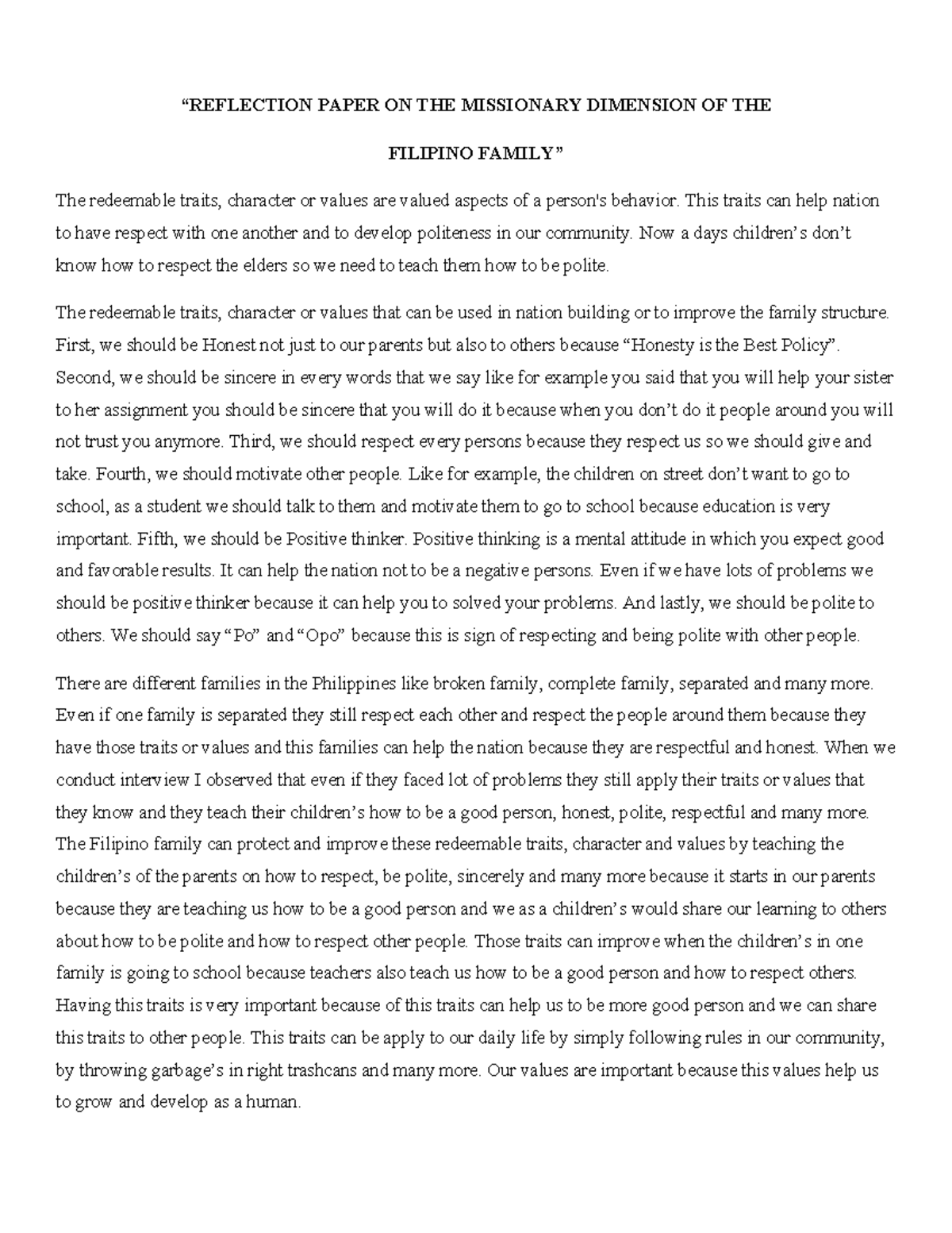 Reaction Paper - “REFLECTION PAPER ON THE MISSIONARY DIMENSION OF THE ...