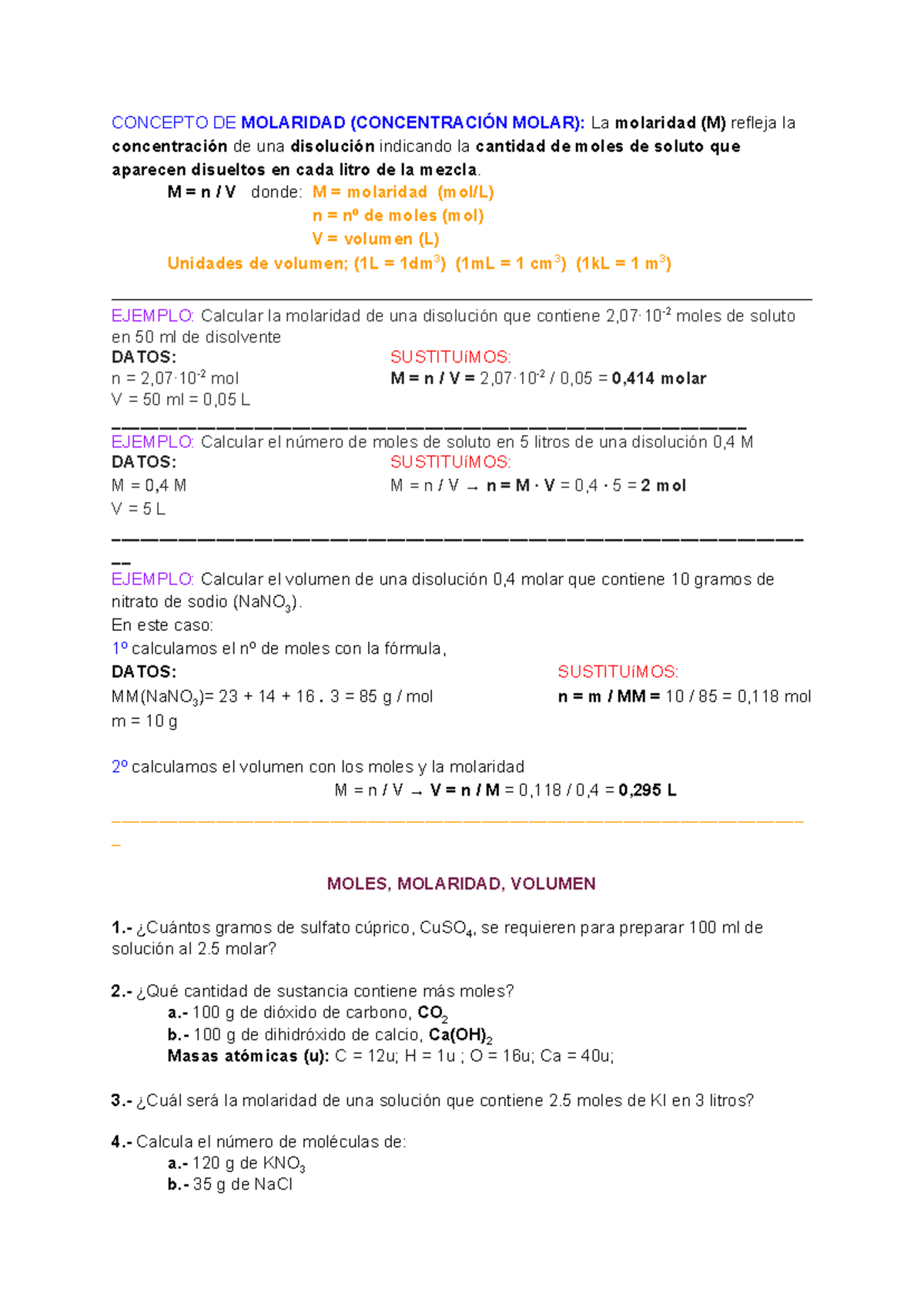 Moles, Molaridad, Volumen-VI - CONCEPTO DE MOLARIDAD (CONCENTRACIÓN ...