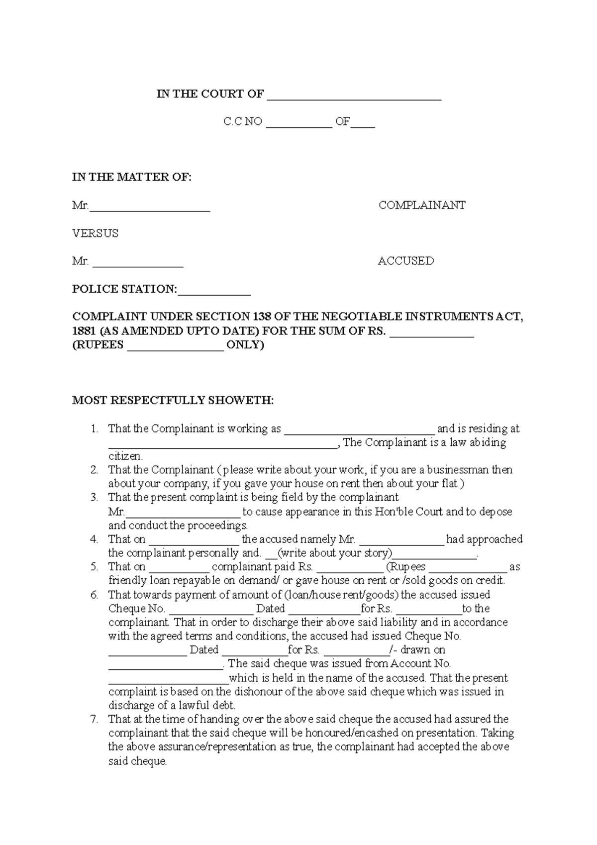 138 NI ACT Complaint Format IN THE Court OF IN THE COURT OF