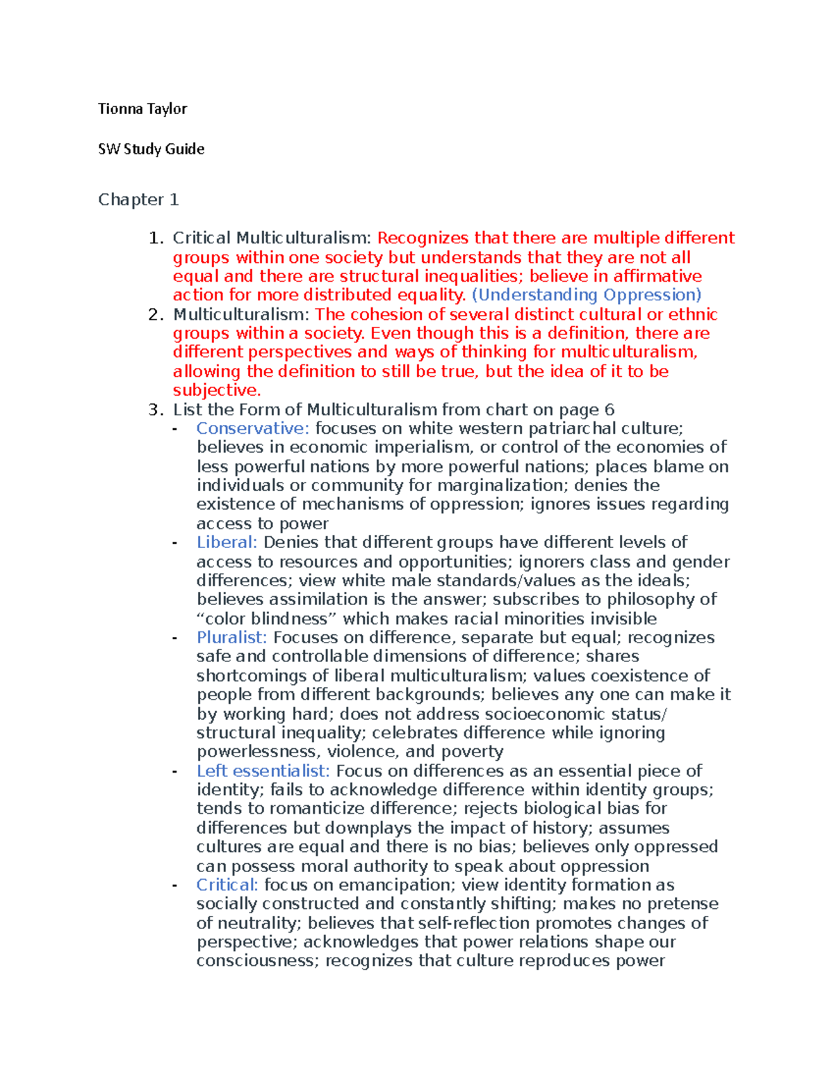 Mid Term Study Guide - Tionna Taylor SW Study Guide Chapter 1 Critical Multiculturalism ...