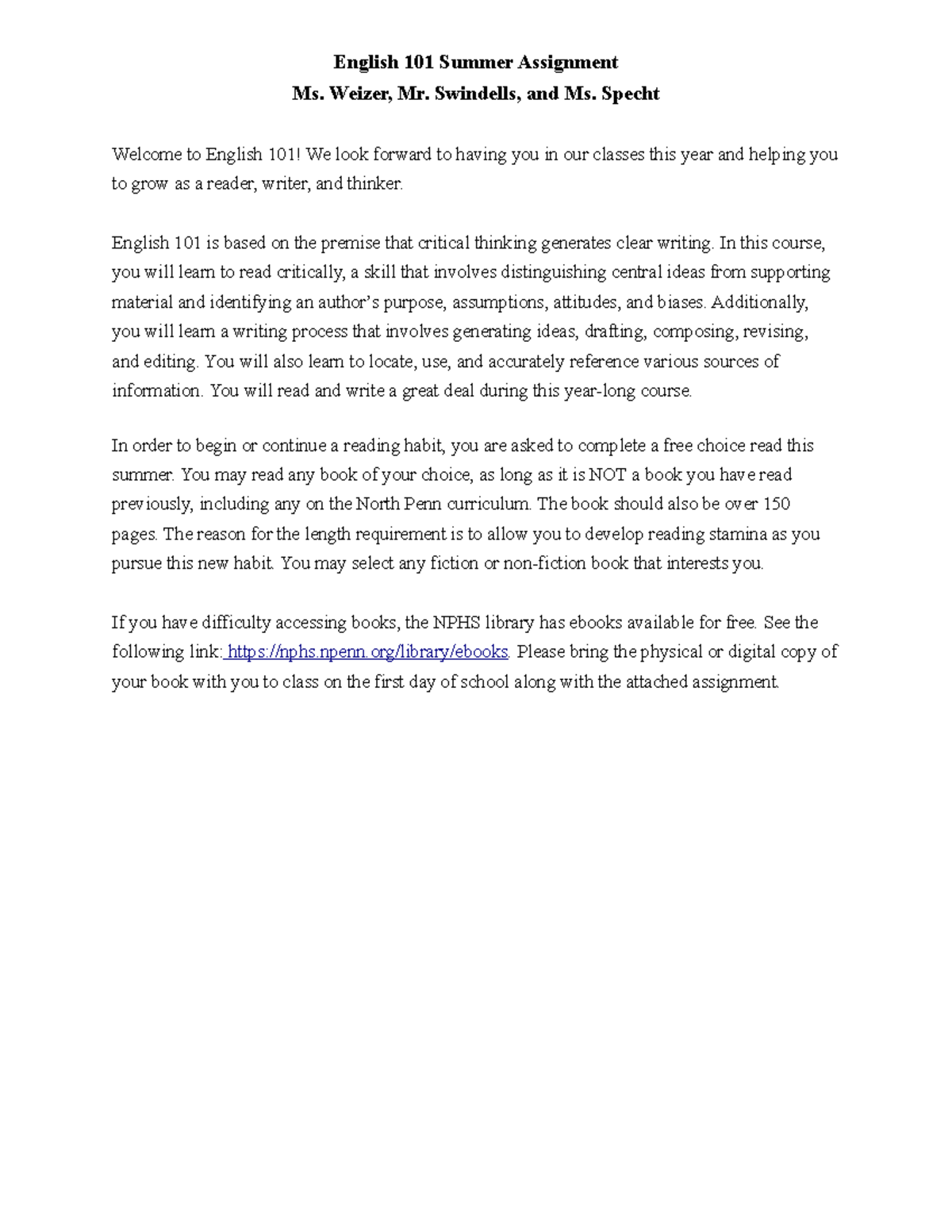 Copy of English 101 Summer Assignment - English 101 Summer Assignment ...