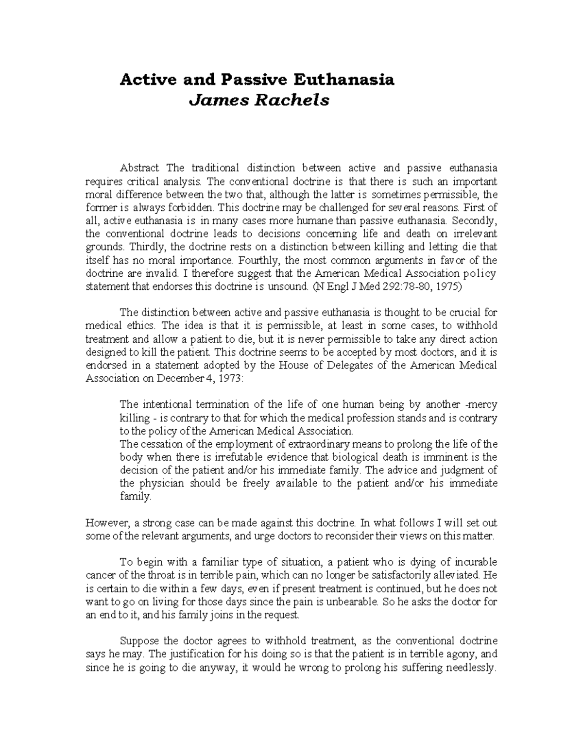 Rachels Euthanasia - Study Purposes - Active and Passive Euthanasia ...