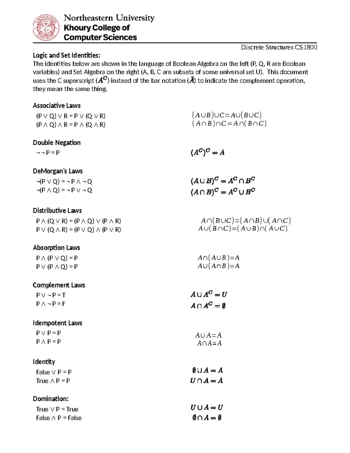 Logic set identities - Discrete Structures CS Logic and Set Identities ...