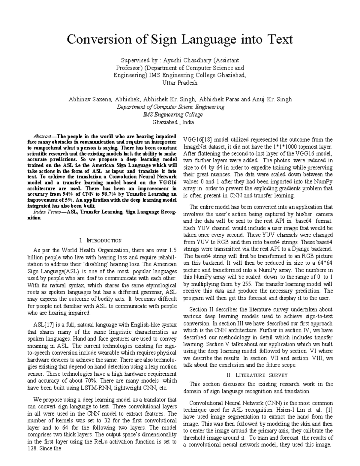 Research paper 1 - Conversion of Sign Language into Text Supervised by ...