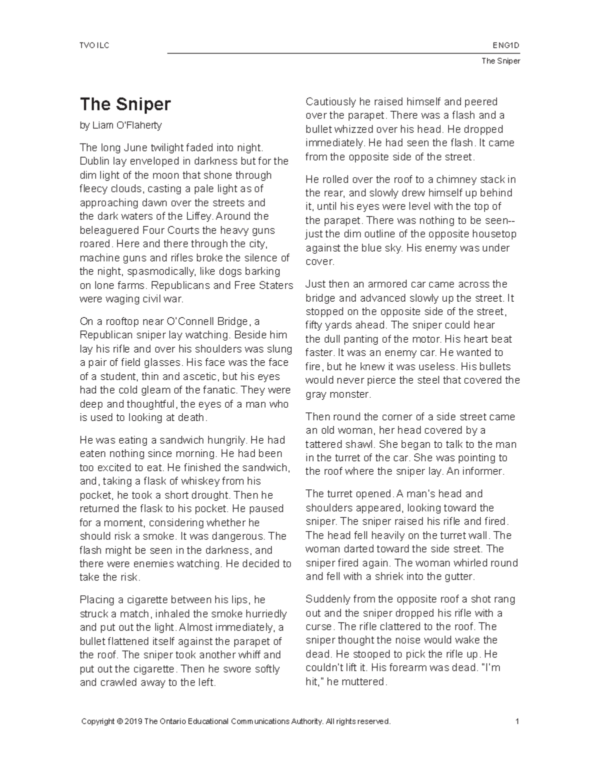 The Sniper - Story for English course - Copyright © 2019 The Ontario ...