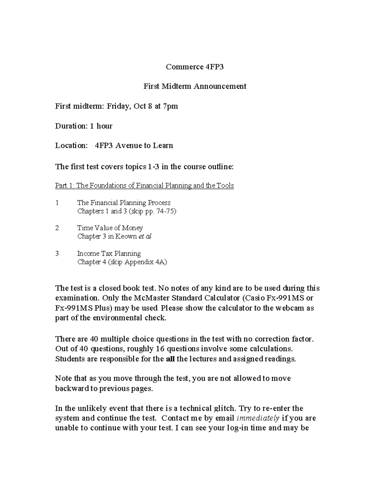 Test 1 Announcement for criteria on test one - Commerce 4Fp3 - McMaster ...