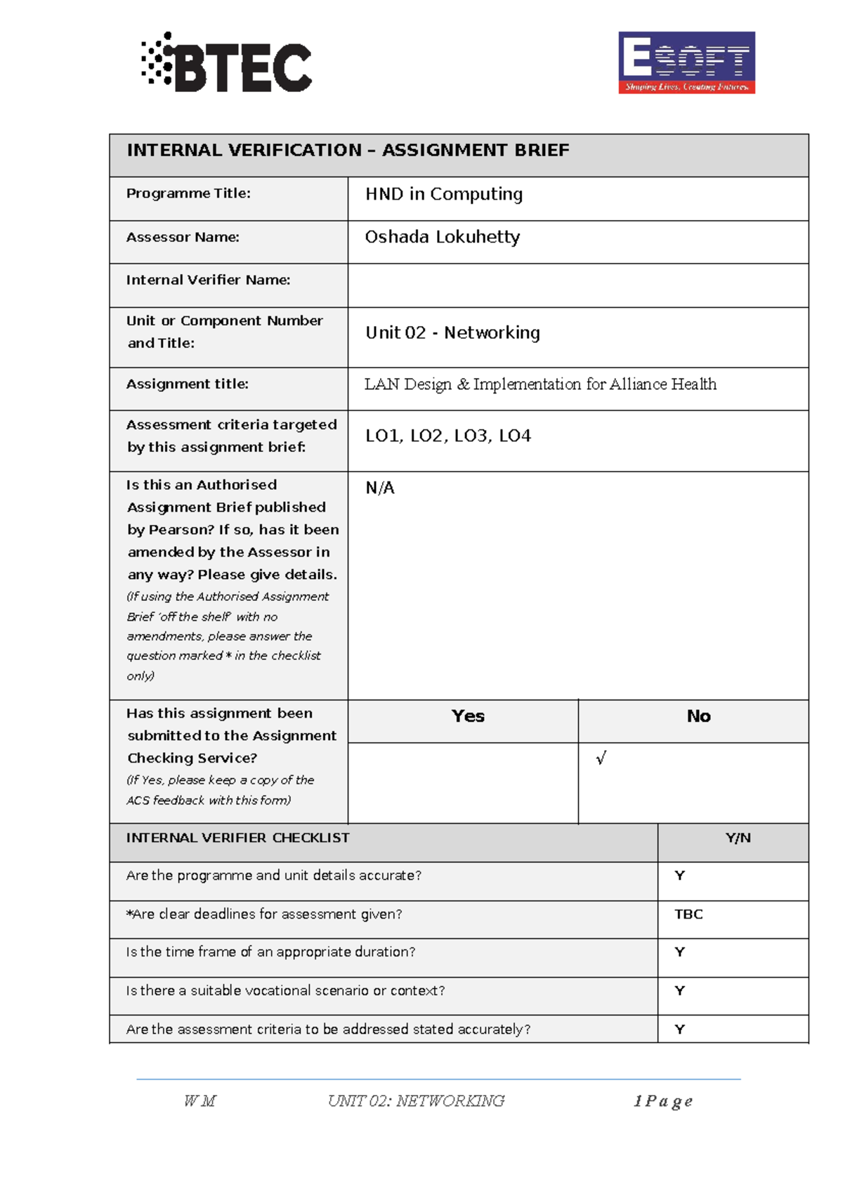 2710-1666634345190-Unit 02 Networking - INTERNAL VERIFICATION – ASSIGNMENT BRIEF Programme Title ...