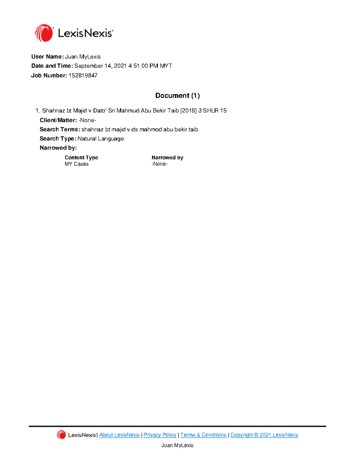 Shahnaz bt Majid v Dato' Sri Mahmud Abu Bekir Taib [2018 ] 3 SHLR 15 ...