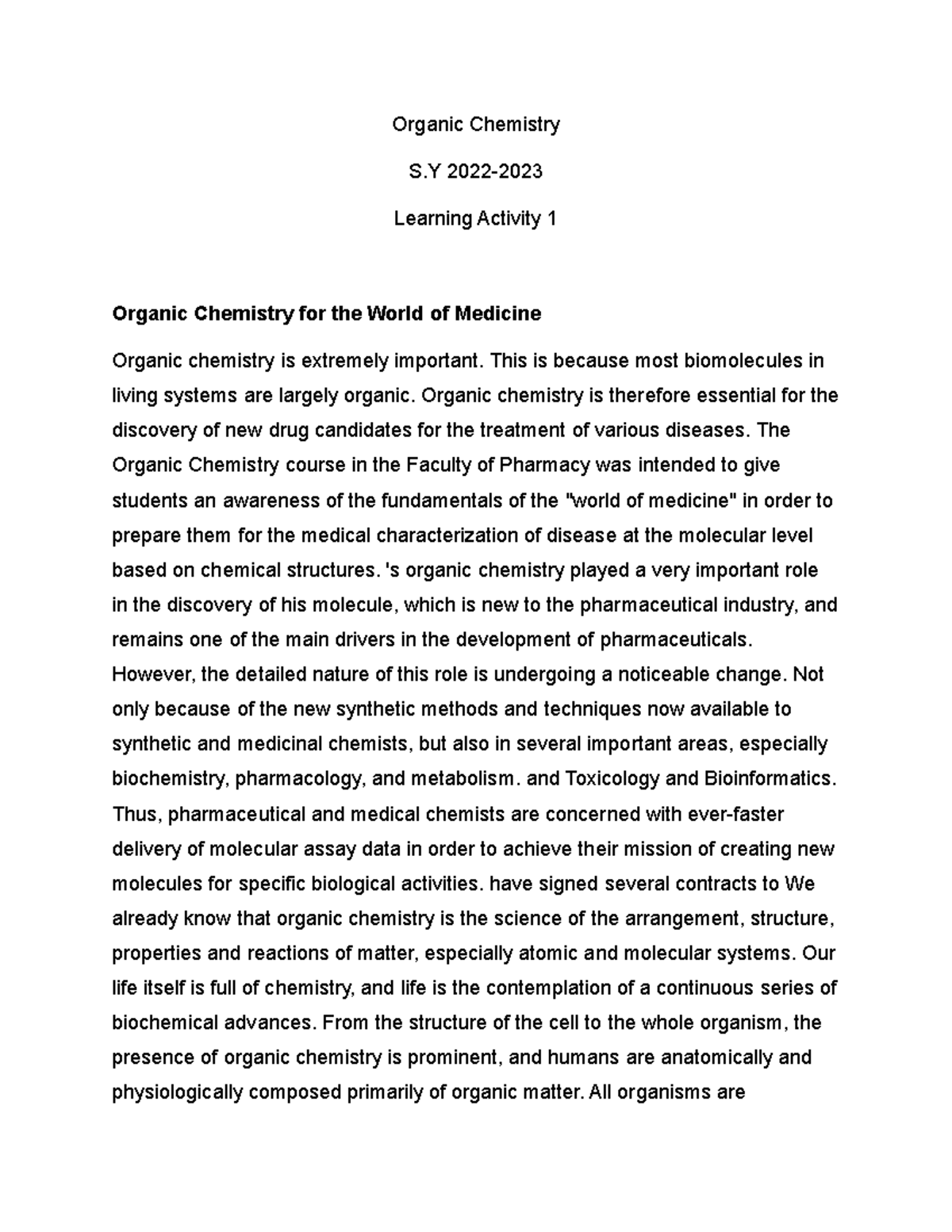 Organic Chemistry Learning Activity 1 - Organic Chemistry S 2022 ...