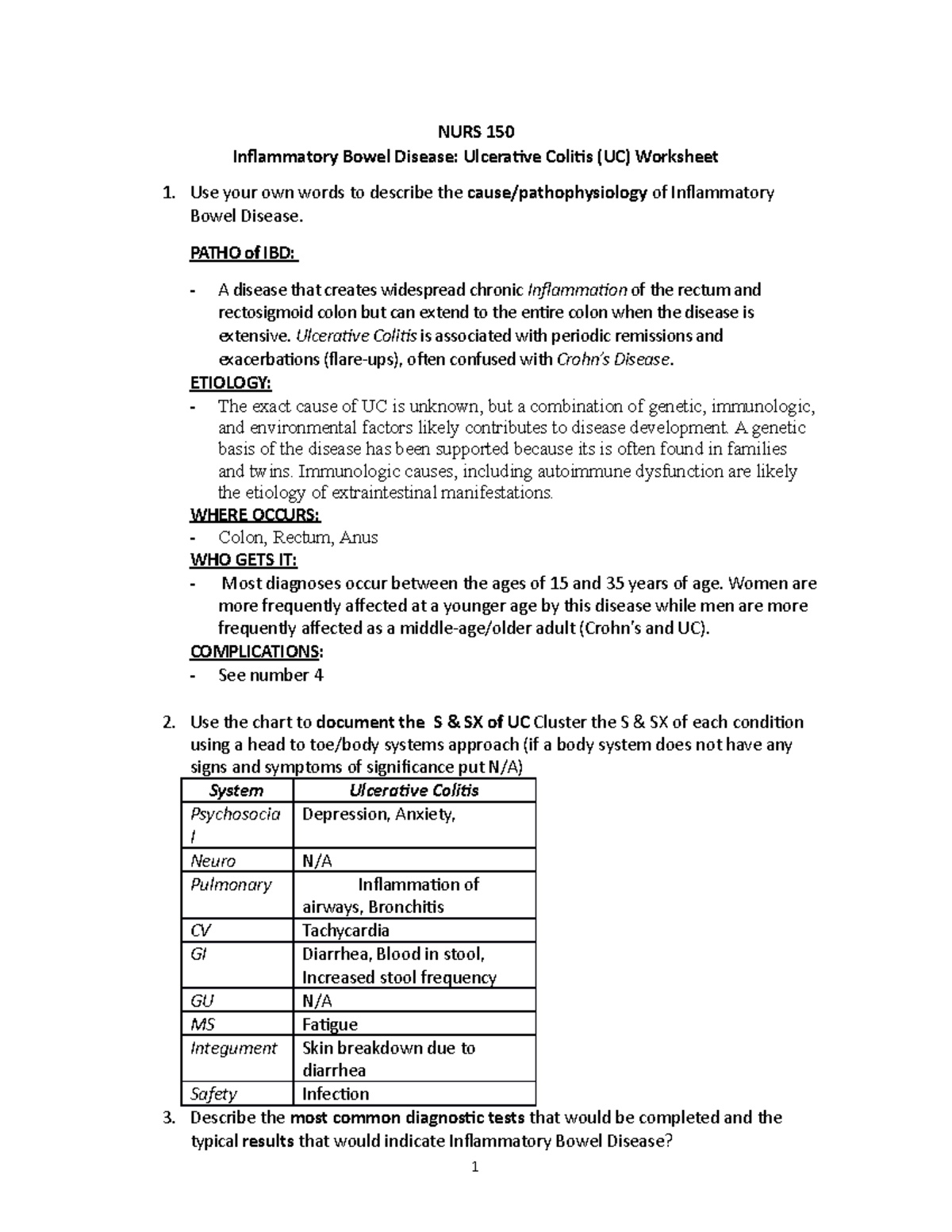 LP10 UC Worksheet Assignment - NURS 150 Inflammatory Bowel Disease ...