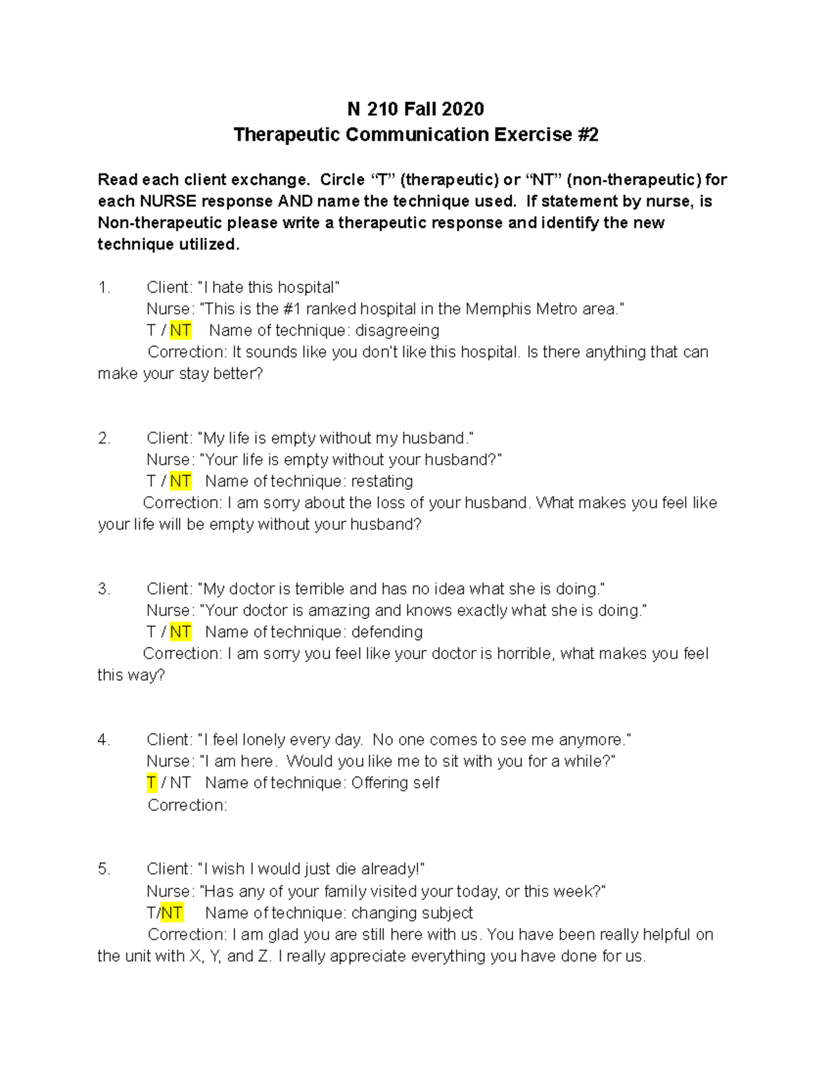 NURS 211 - clinical - Communication Exercise #2 - N 210 Fall 2020 ...