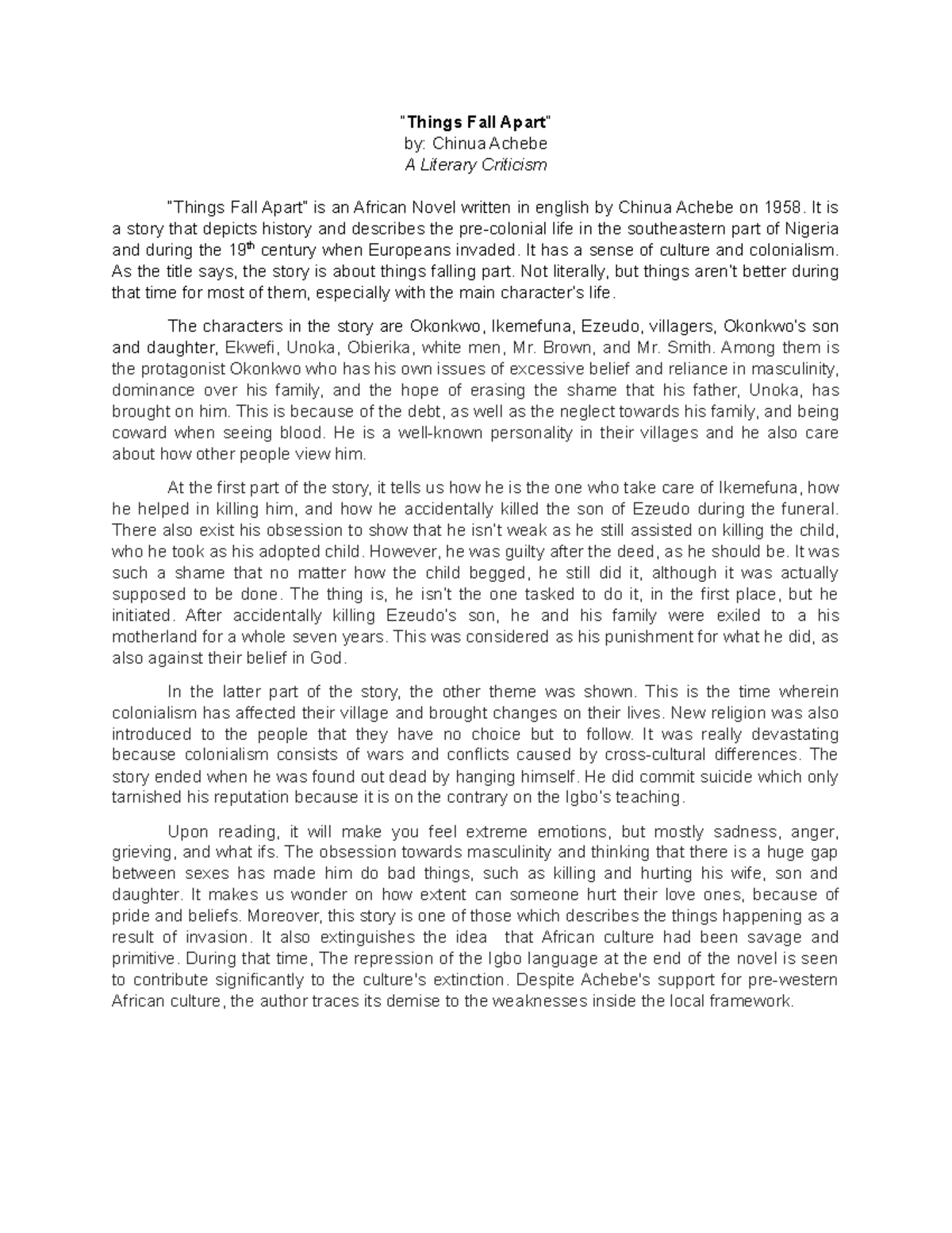 Freewriting - This is Literary Criticism of "Things Fall Apart" by ...
