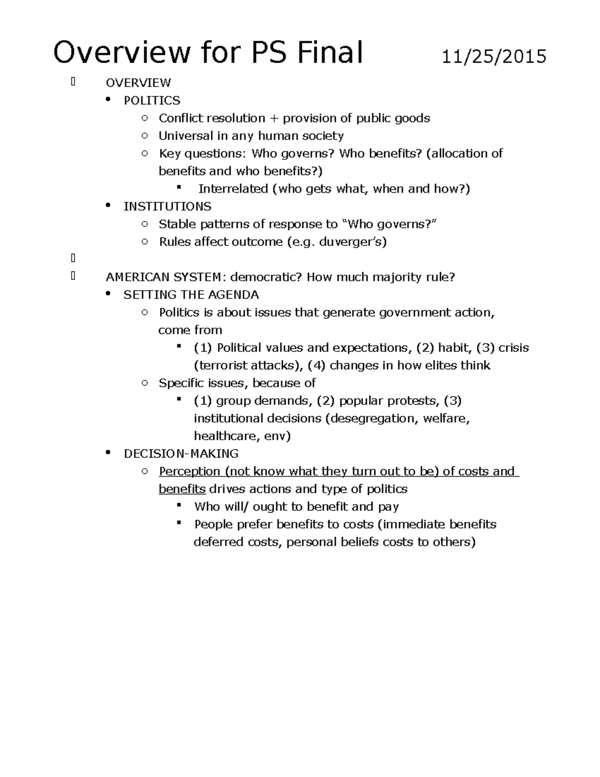 Summary of Final Topics (professor given) - Overview for PS Final 11/25 ...
