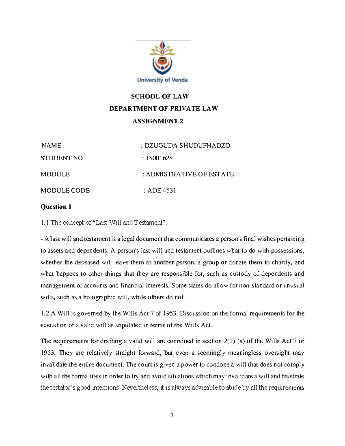 DZUGUDA SHUDUFHADZO - SCHOOL OF LAW DEPARTMENT OF PRIVATE LAW ...