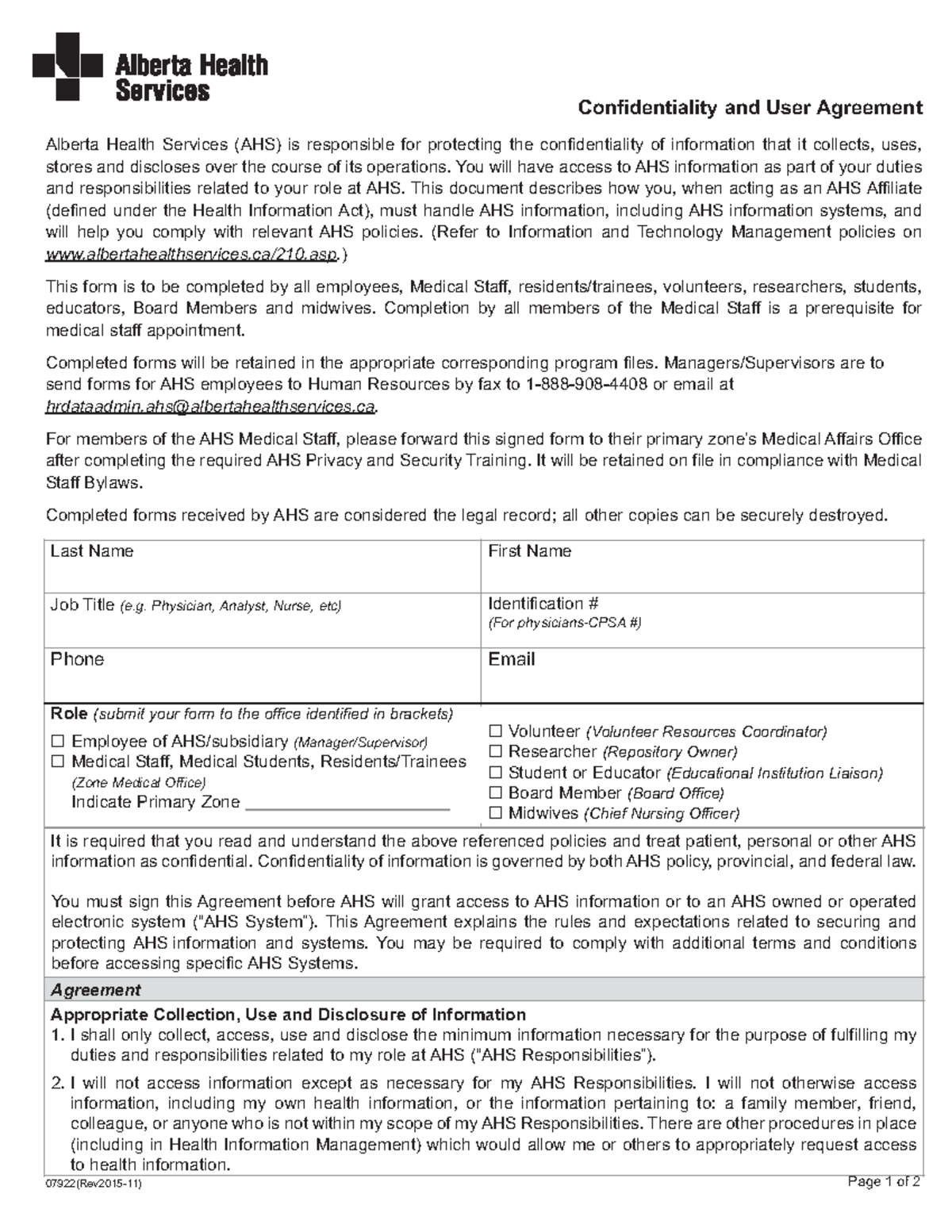 AHS Confidentiality and User Agreement - Alberta Health Services (AHS ...