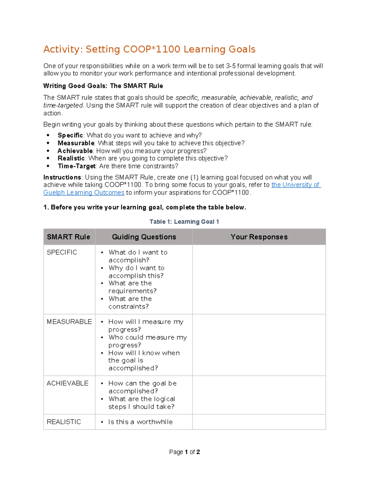 Activity Worksheet Setting COOP1100 Learning Goals - Activity: Setting ...
