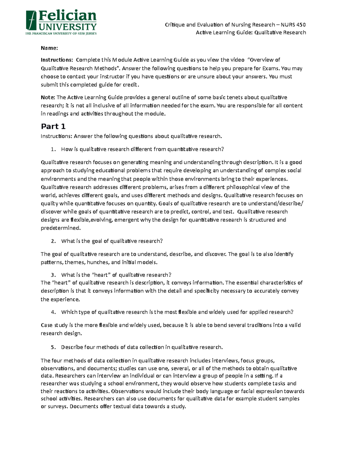 Active Learning Guide Qualitative Research NURS 450 Accessible ...