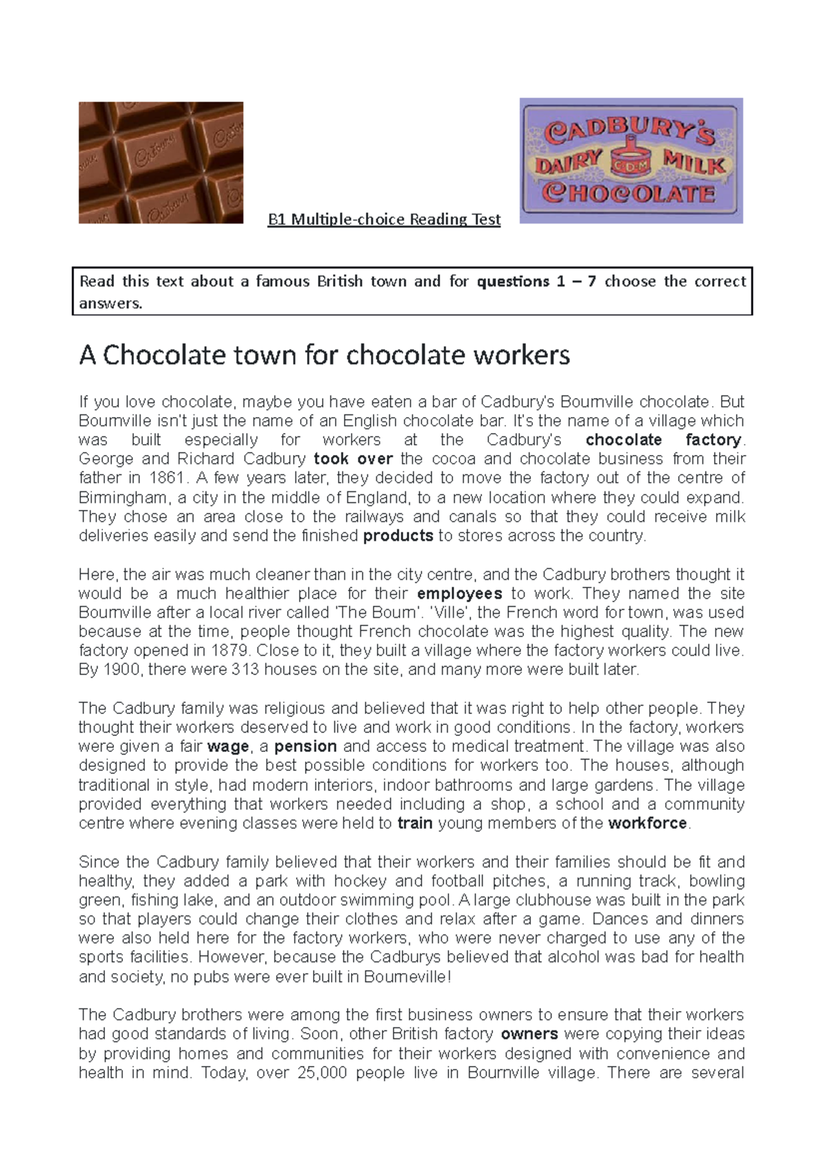 Reading Comprehension - Chocolate factory - B1 Multiple-choice Reading ...