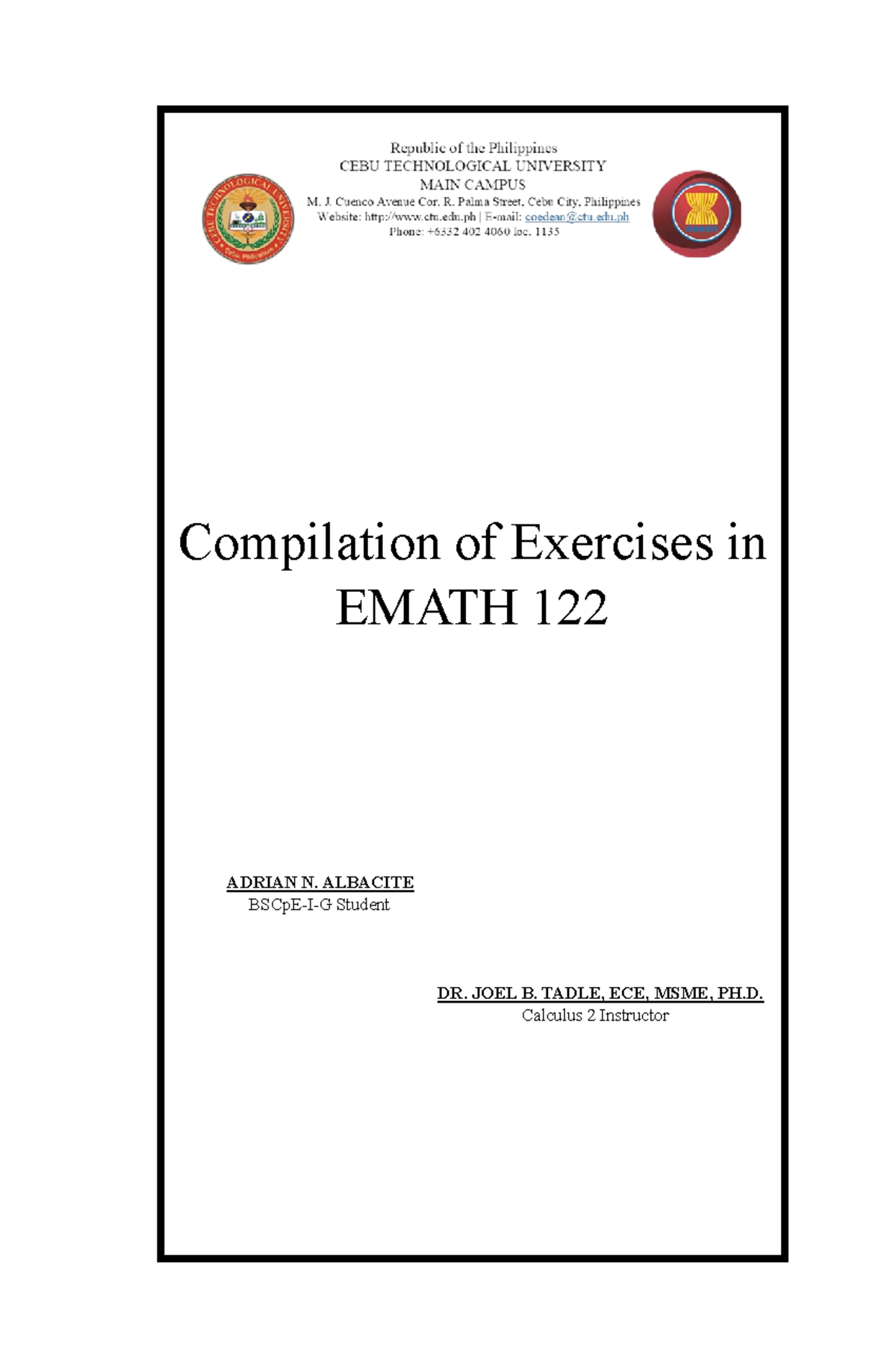 Integral Calculuis - Compilation of Exercises in EMATH 122 ADRIAN N ...