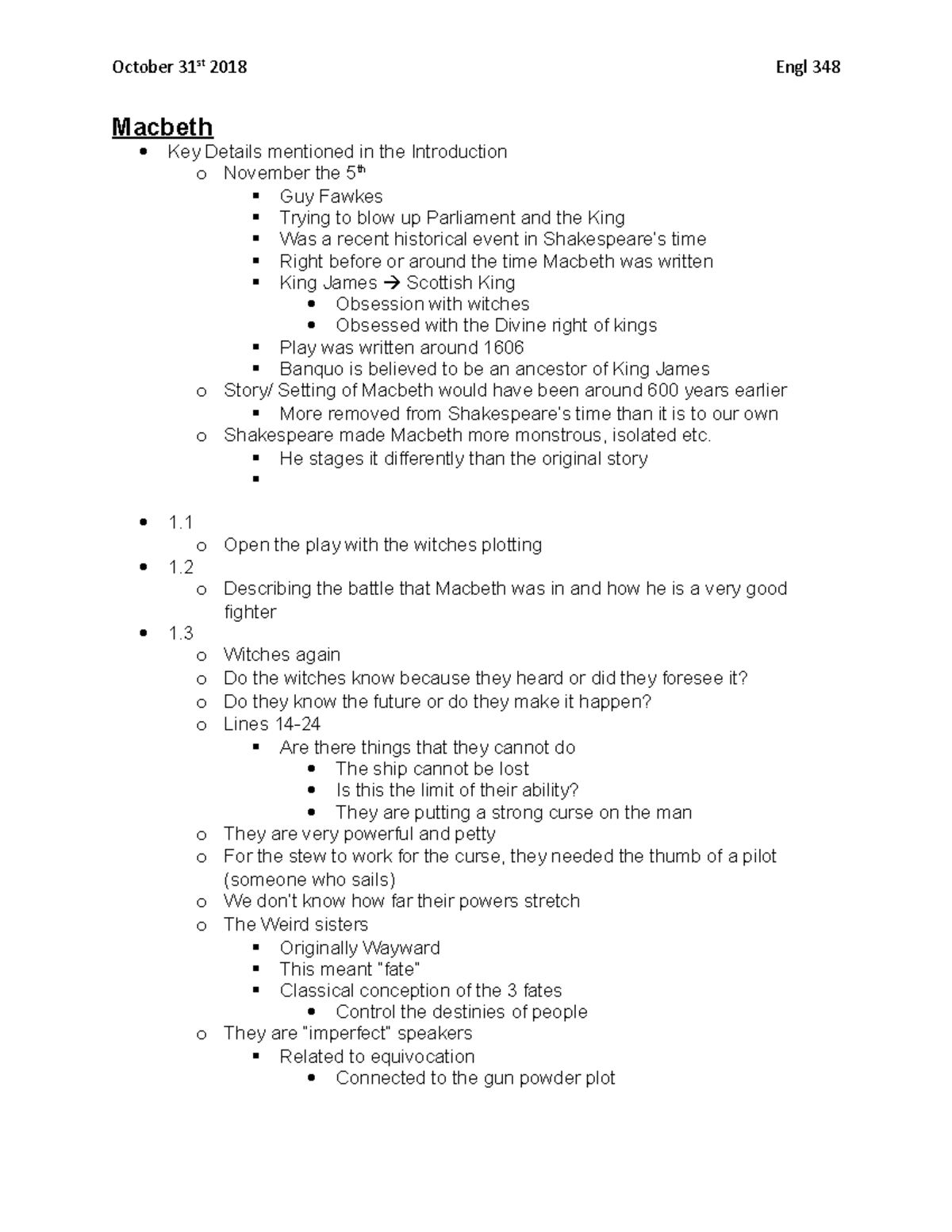 English 348 Introduction to Macbeth - October 31st 2018 Engl 348 ...