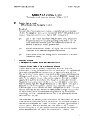 Tutorial No 3 Ordinary Income - The University of Adelaide Income Tax ...
