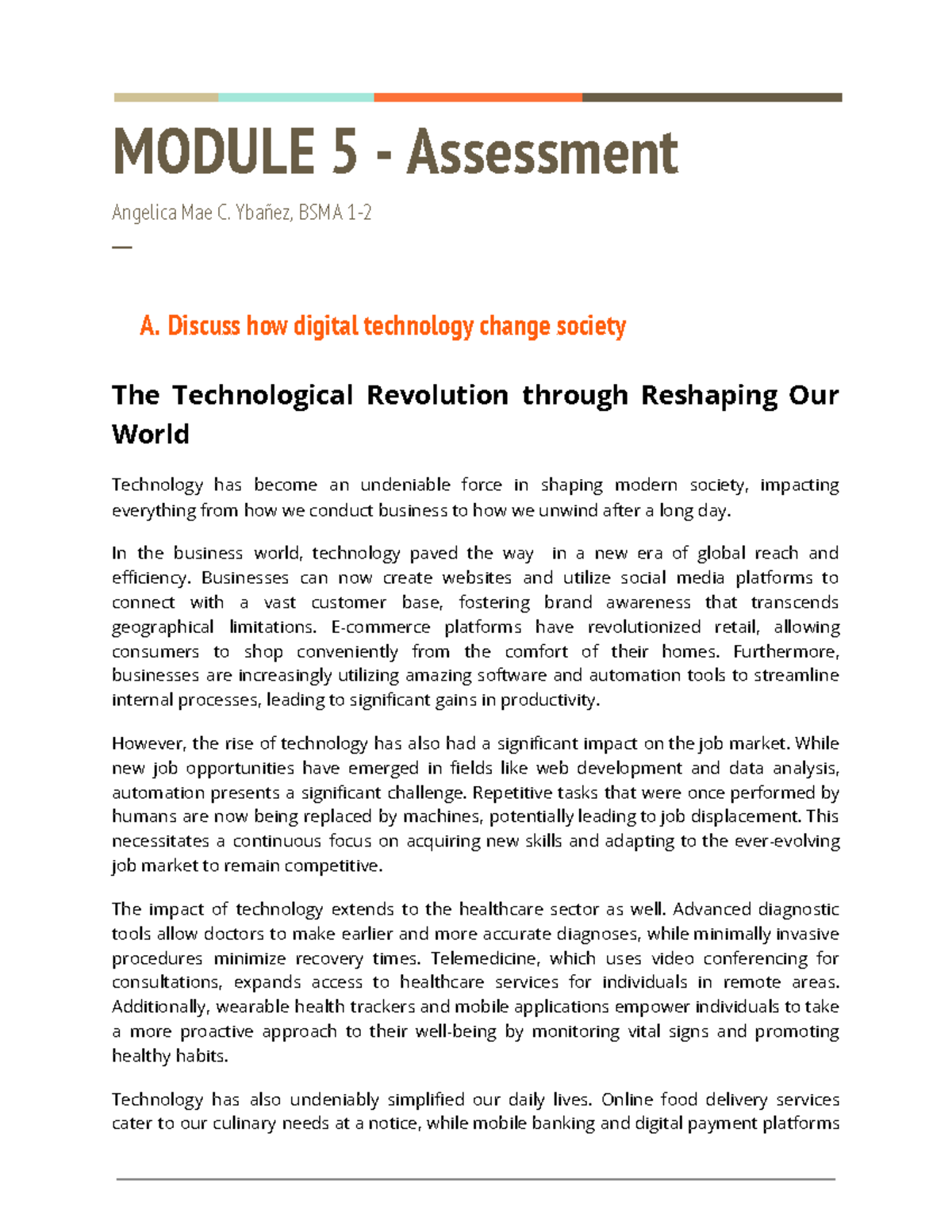 Module-5 Assessment LITE - MODULE 5 - Assessment Angelica Mae C. Ybañez, BSMA 1- ─ A. Discuss ...