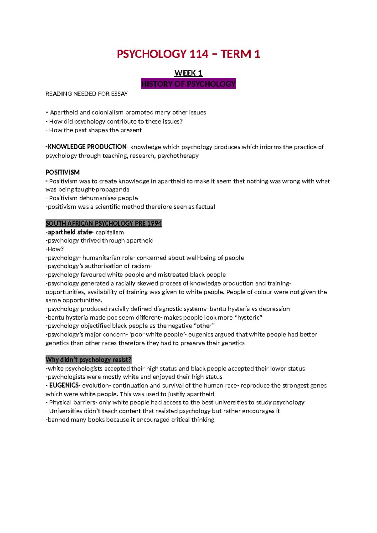 Psychology 114 - TERM 1 - PSYCHOLOGY 114 – TERM 1 WEEK 1 HISTORY OF ...