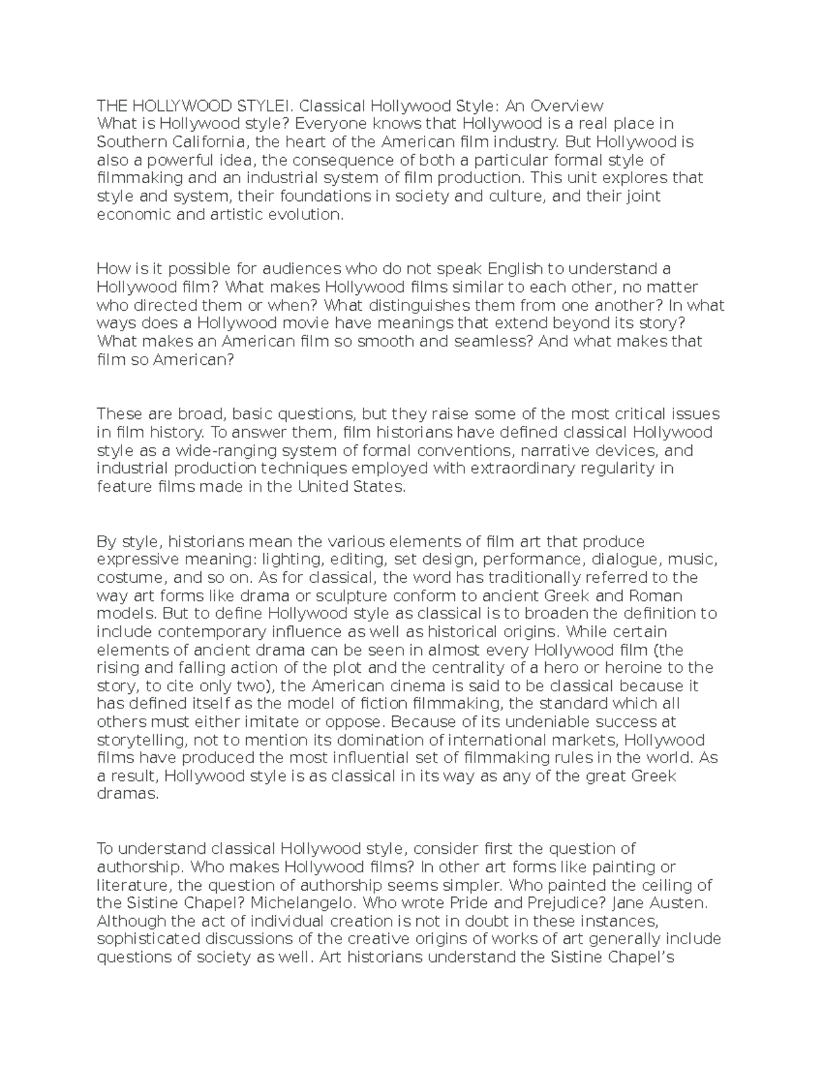 Hollywood style - THE HOLLYWOOD STYLEI. Classical Hollywood Style: An ...