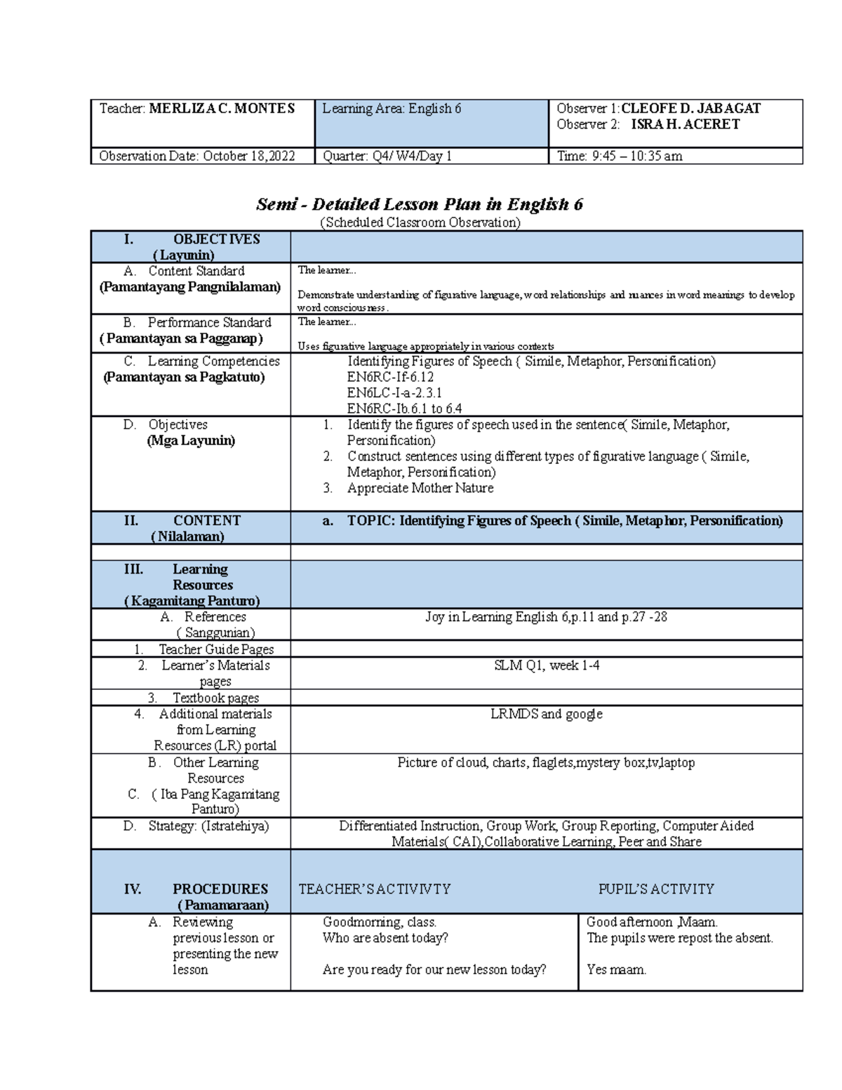 LP in ENg 6 COT 2 - Lesson plan in English 6 - Teacher: MERLIZA C ...