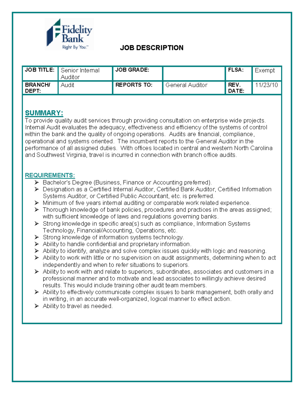 Sr-Internal-Auditor - JOB DESCRIPTION JOB TITLE: Senior Internal ...