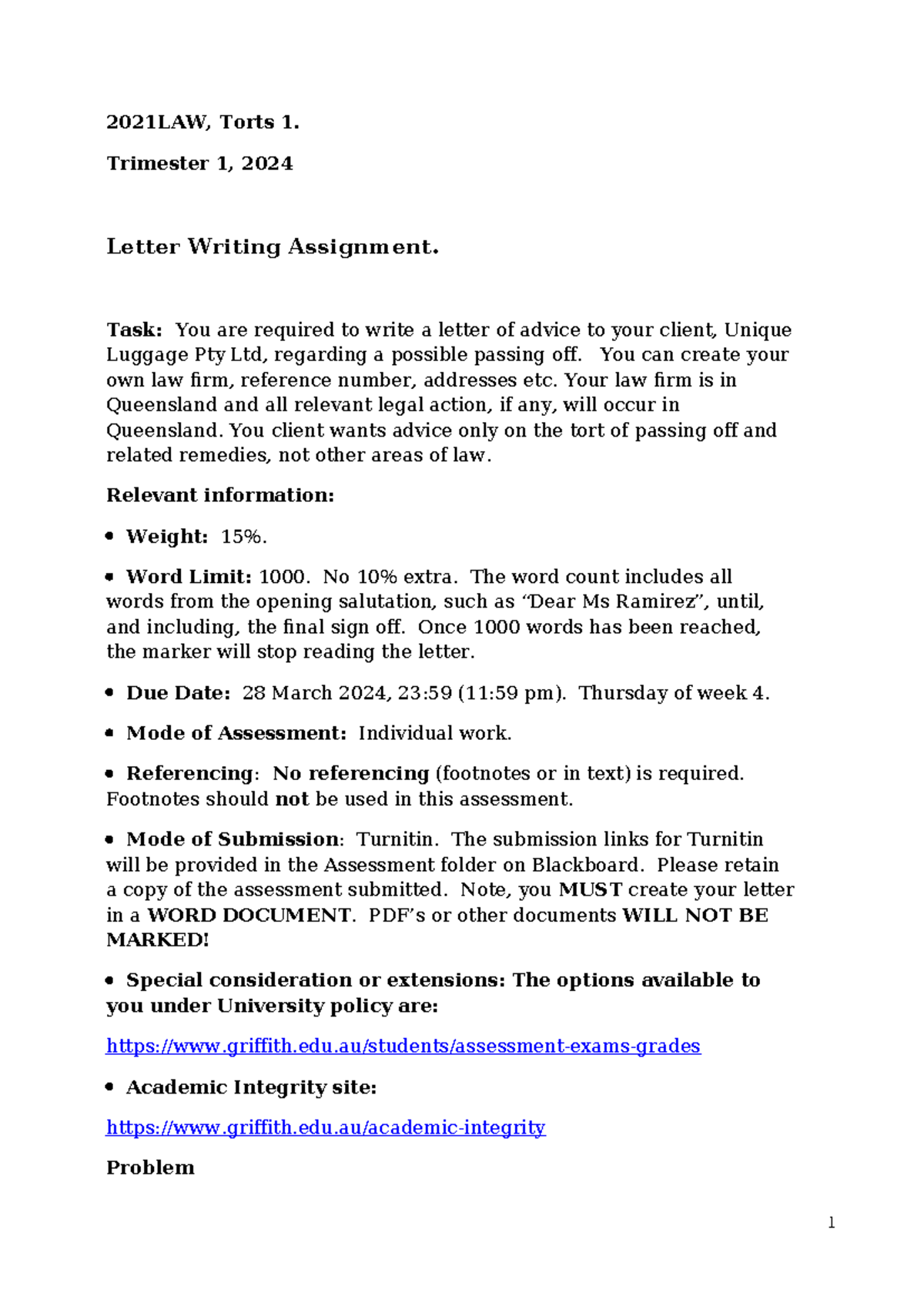 Torts 1 2024 Letter Writing Assignment - 2021LAW, Torts 1. Trimester 1, 2024 Letter Writing ...
