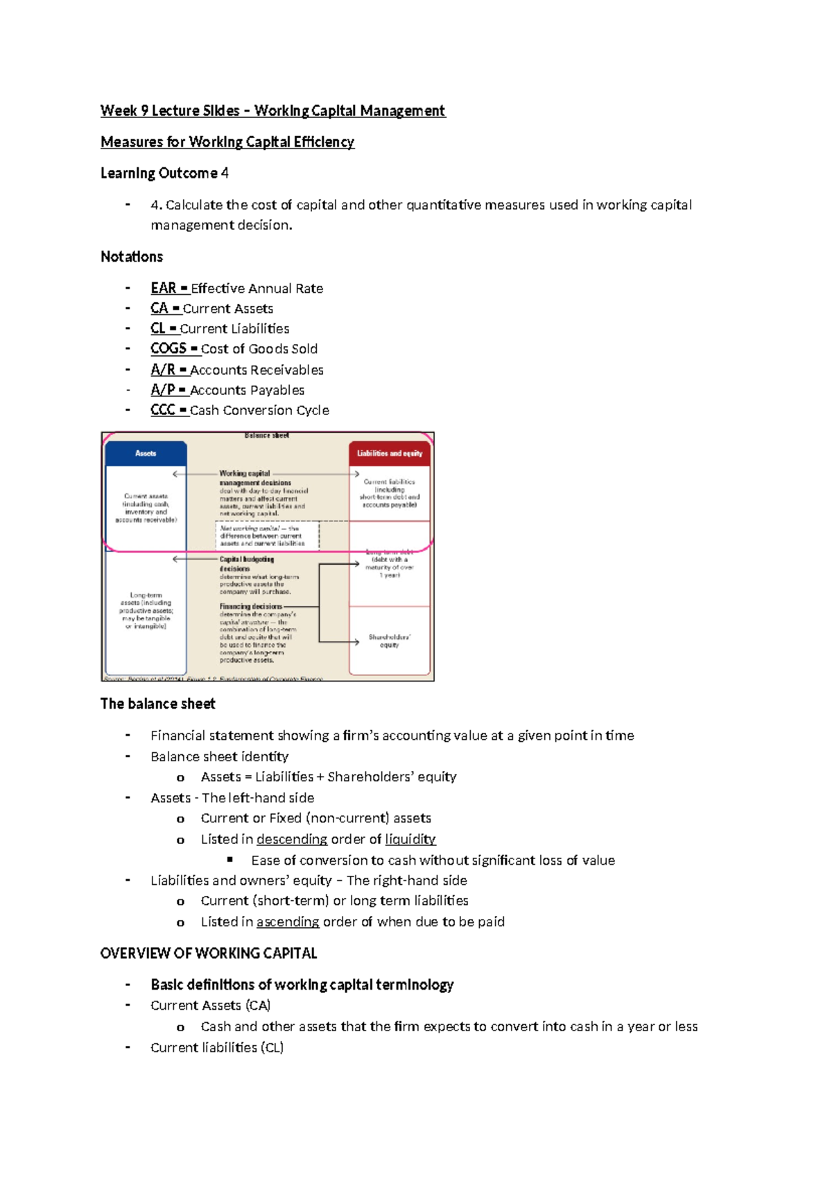 Week 9 Lecture Slides - Week 9 Lecture Slides – Working Capital Management Measures for Working ...